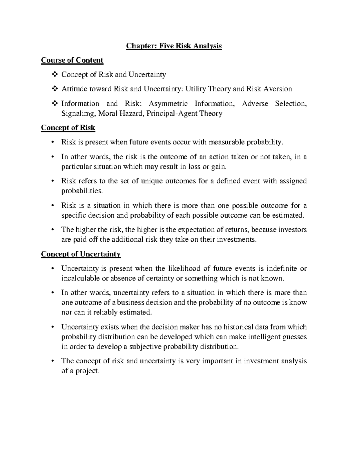 Unit 5 - Business Environment - Chapter: Five Risk Analysis Course of ...