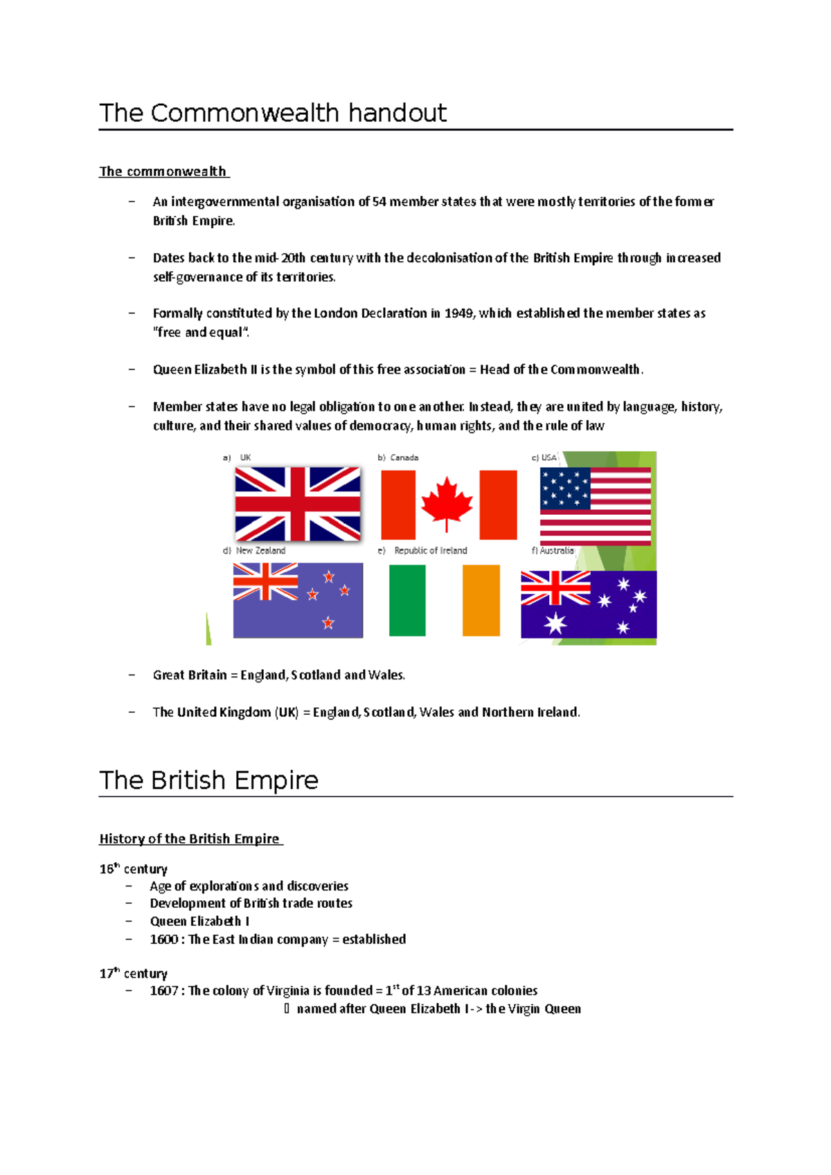 Unit-6-6de 1 - engels - The Commonwealth handout The commonwealth An ...