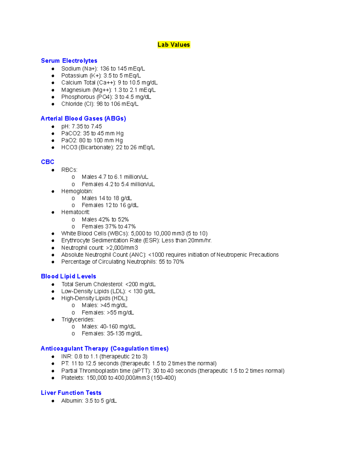 Lab Values & Therapeutic Levels - Lab Values Serum Electrolytes Sodium ...