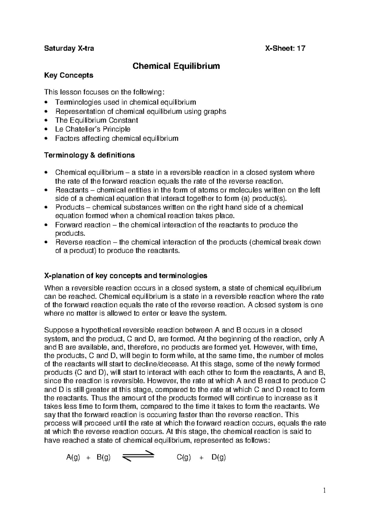 Chemical Equilibrium - Grade 12 PHYSICAL SCIENCES NOTES - Saturday X ...