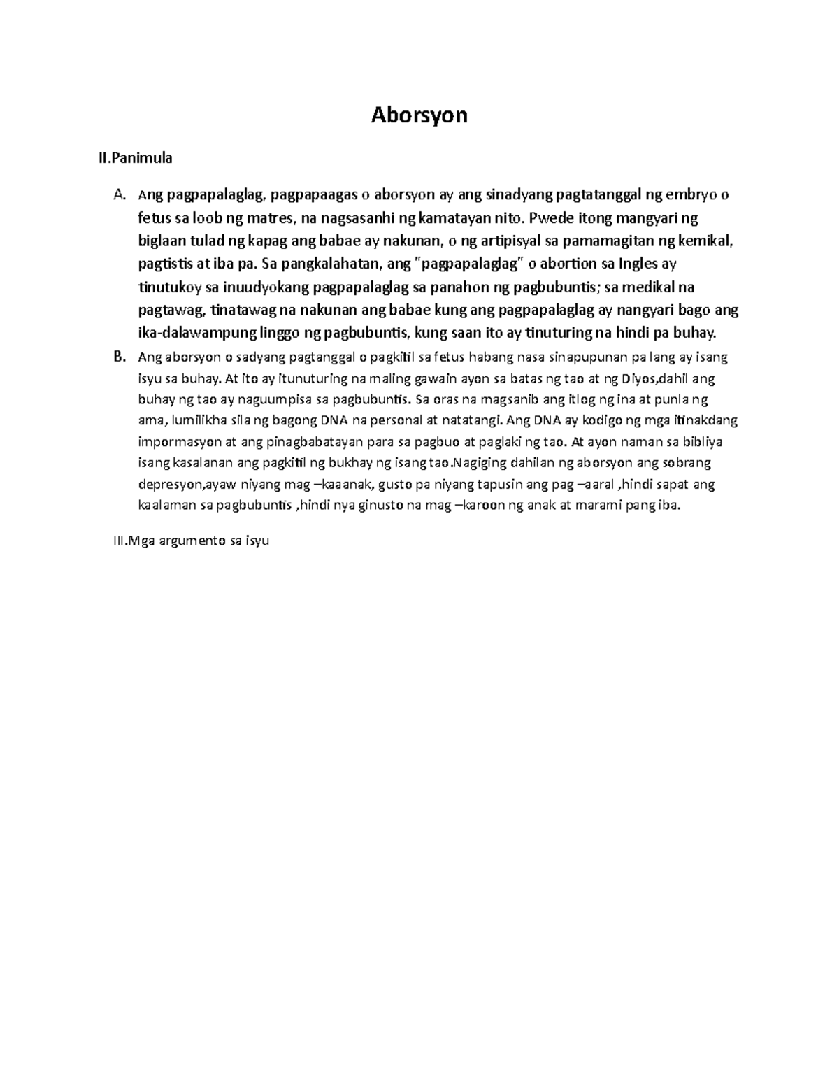 Fhhhhfggghjkjklkk - Aborsyon II A. Ang pagpapalaglag, pagpapaagas o ...