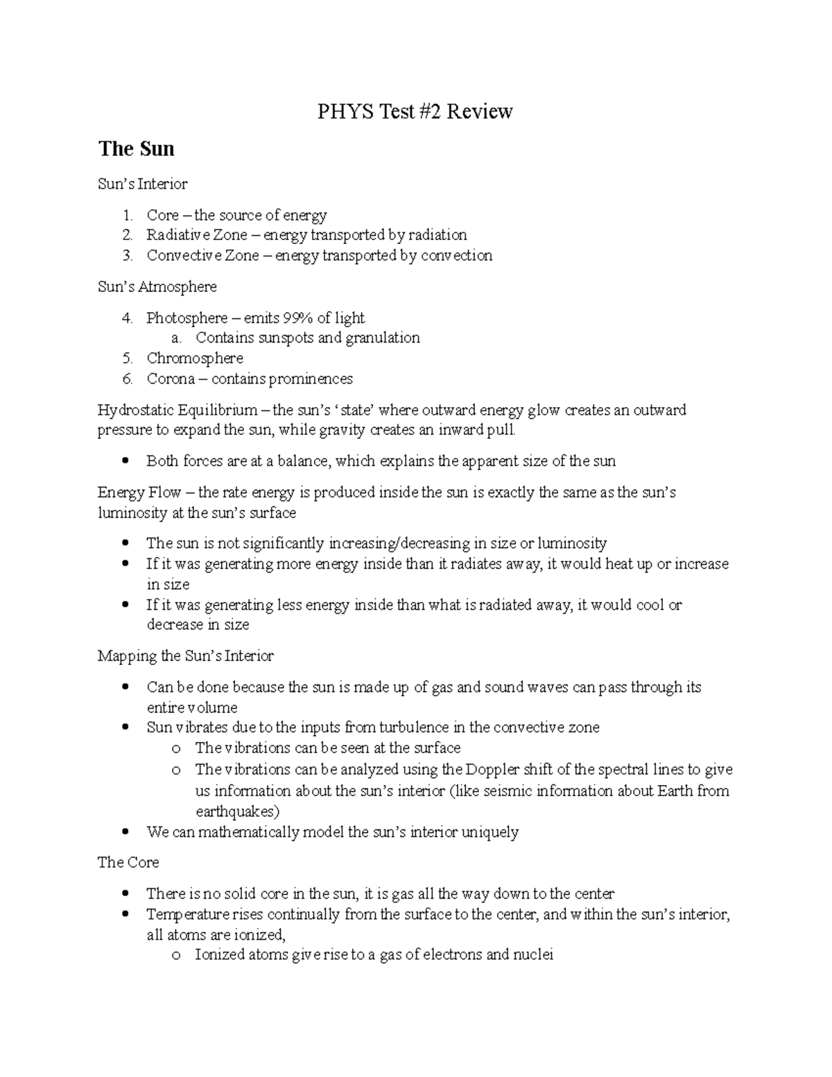 Segment 2 Test Review, includes sun and stars - PHYS Test #2 Review The ...
