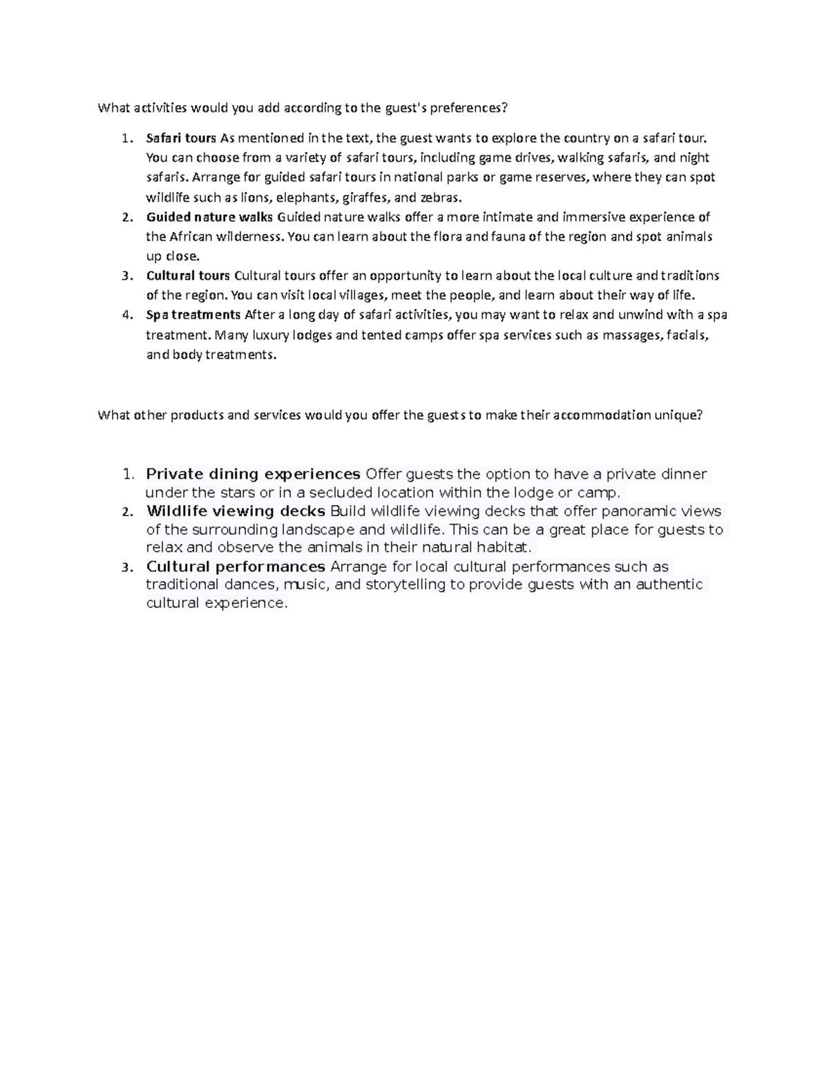 Accommodation 03 activity 1 - What activities would you add according ...