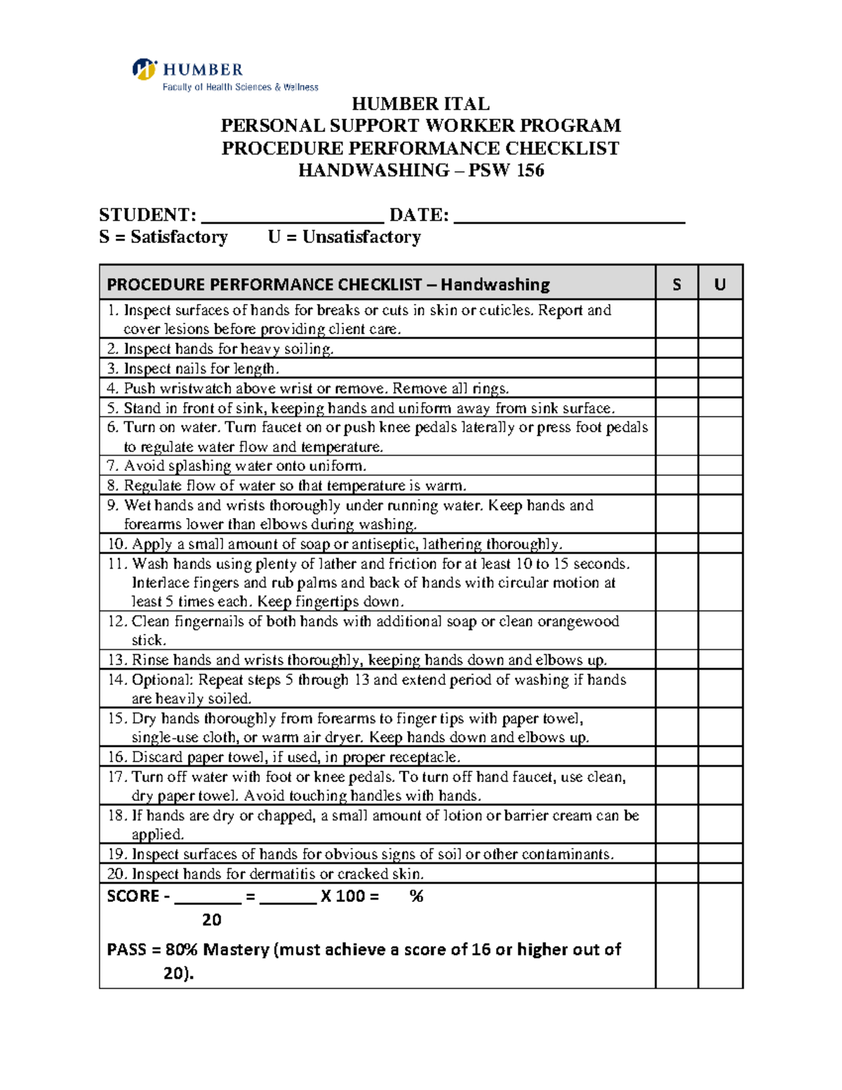 Handwashing Checklist - HUMBER ITAL PERSONAL SUPPORT WORKER PROGRAM ...