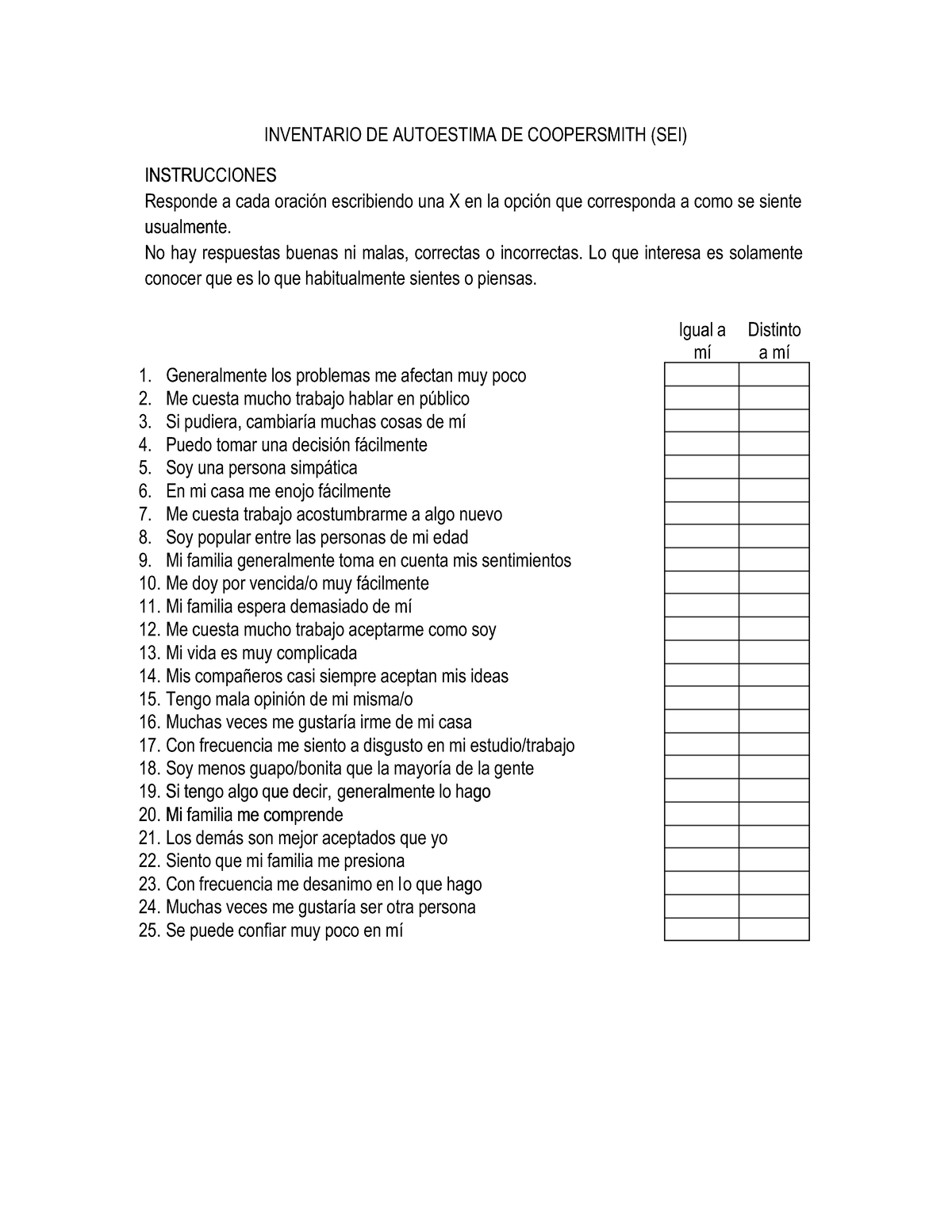 Test autoestima de Coopersmith - INVENTARIO DE AUTOESTIMA DE ...