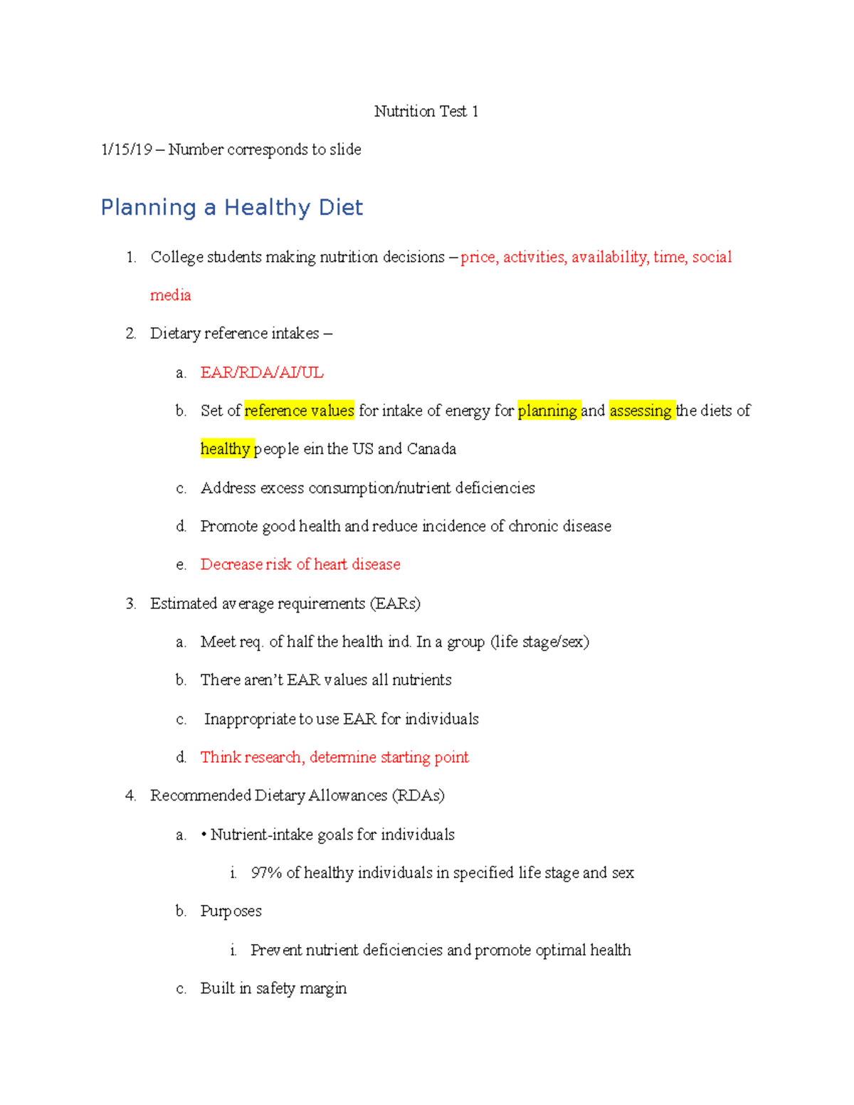 Nutrition Unit 1 - Nutrition Test 1 1/15/19 – Number corresponds to ...