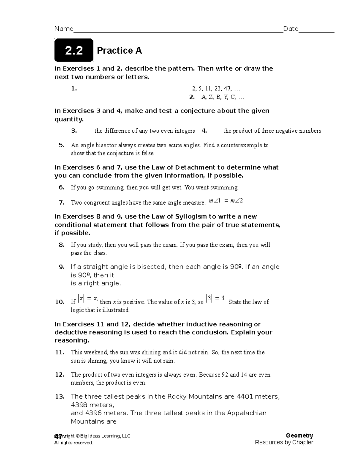 2.2.2 WS - Practice on deductive reasoning, Inductive reasoning, law of ...