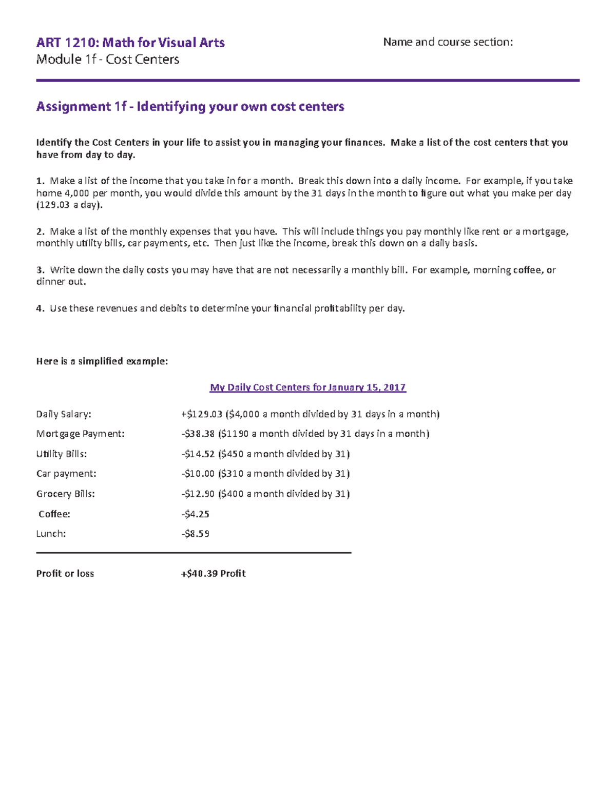 Assignment 1f cost centers - ART 1210: Math for Visual Arts Module 1f ...