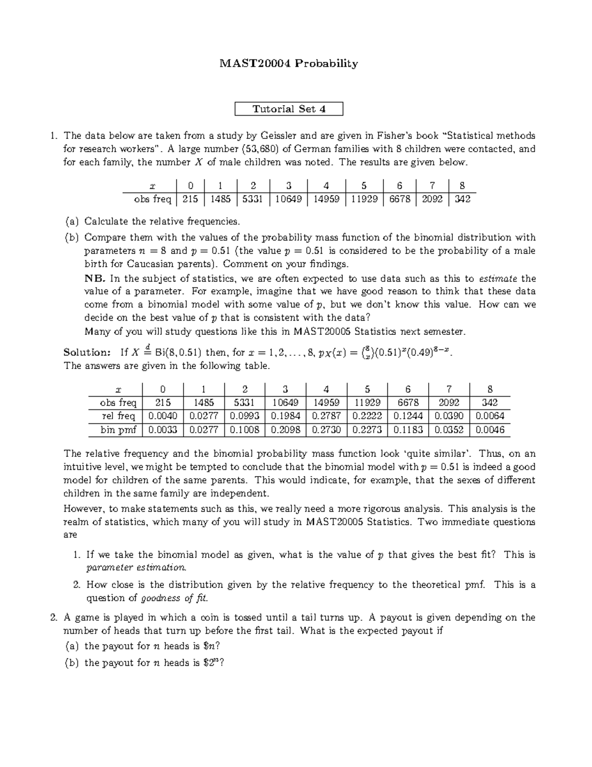 Tutorial Sheet 4 questions and answers - MAST20004 Probability Tutorial ...