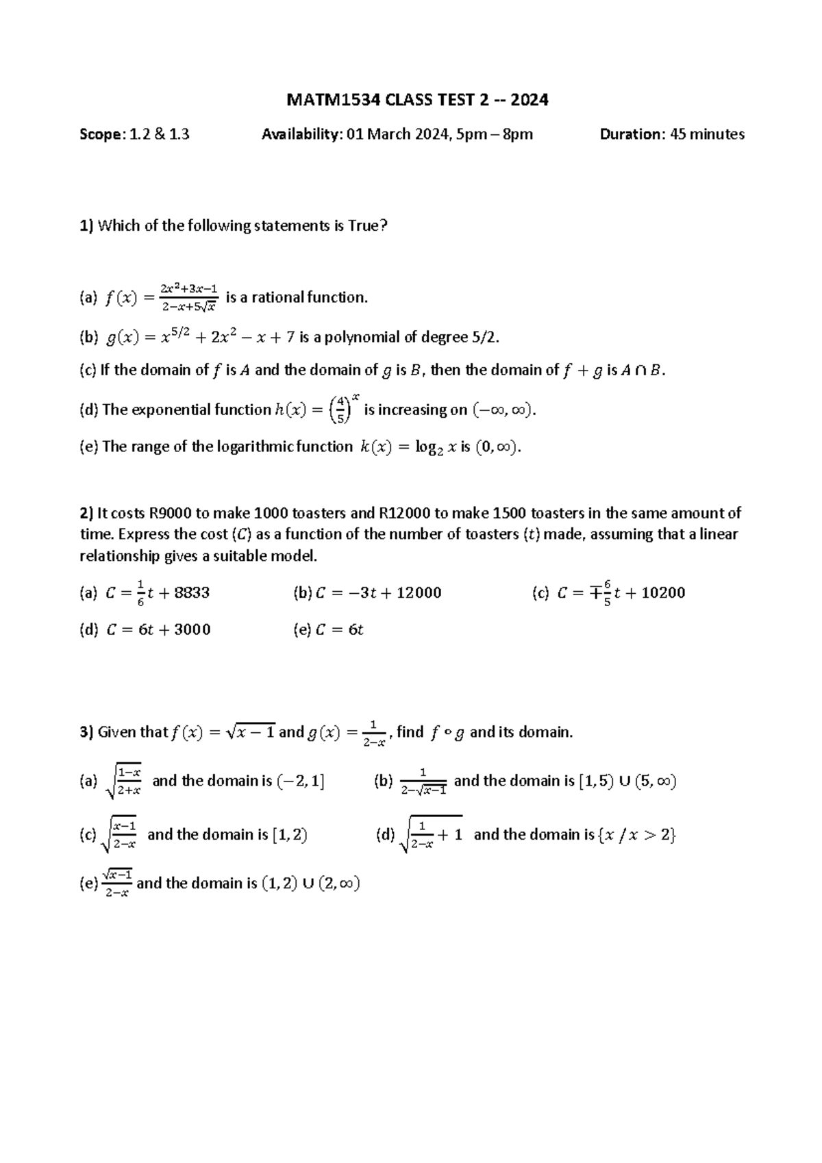 CT2 & Memo 2024 - Tutorial Test - MATM1534 CLASS TEST 2 - 2024 Scope: 1 ...
