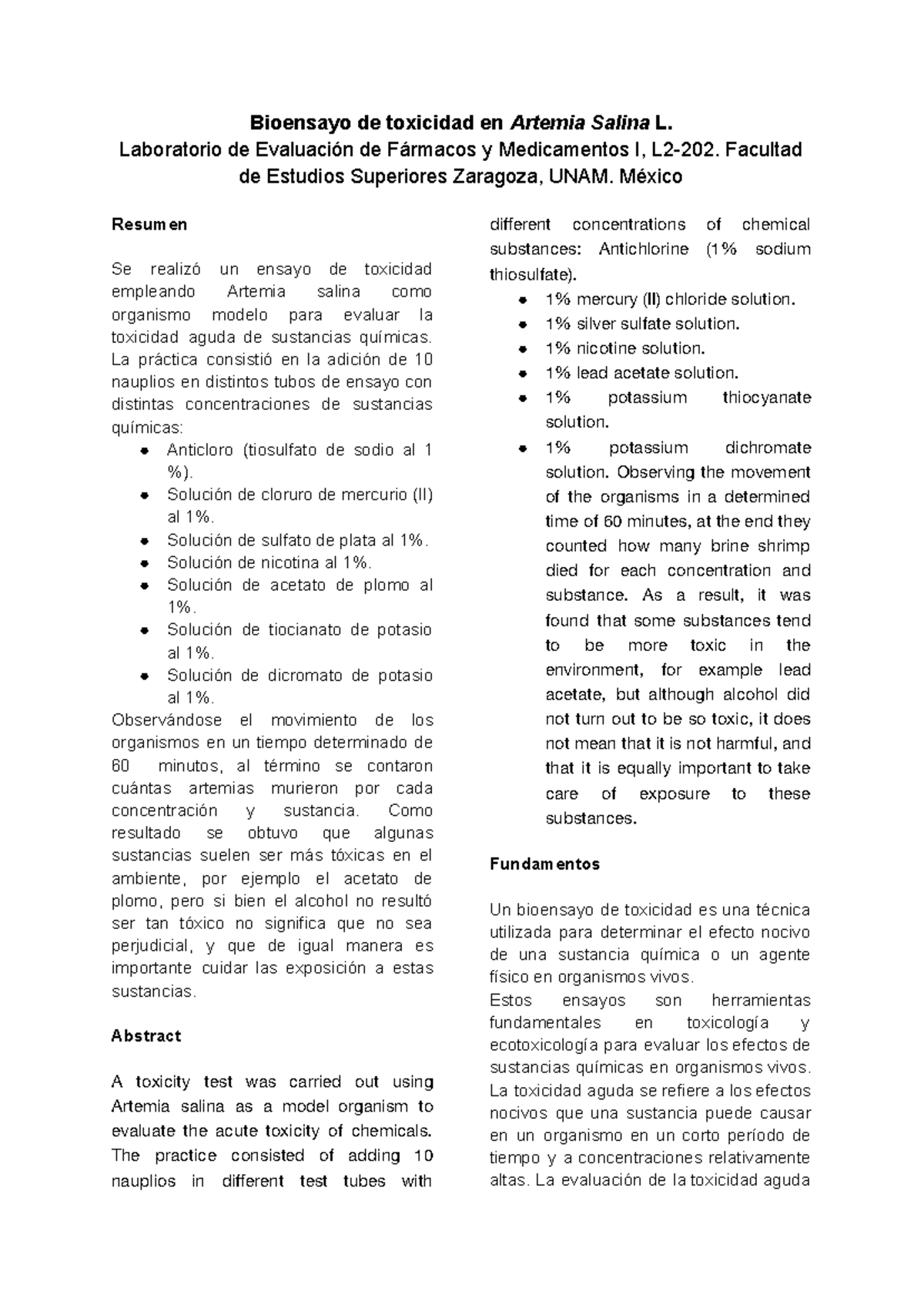 Práctica 6 Eva - Bioensayo de toxicidad en Artemia Salina L ...
