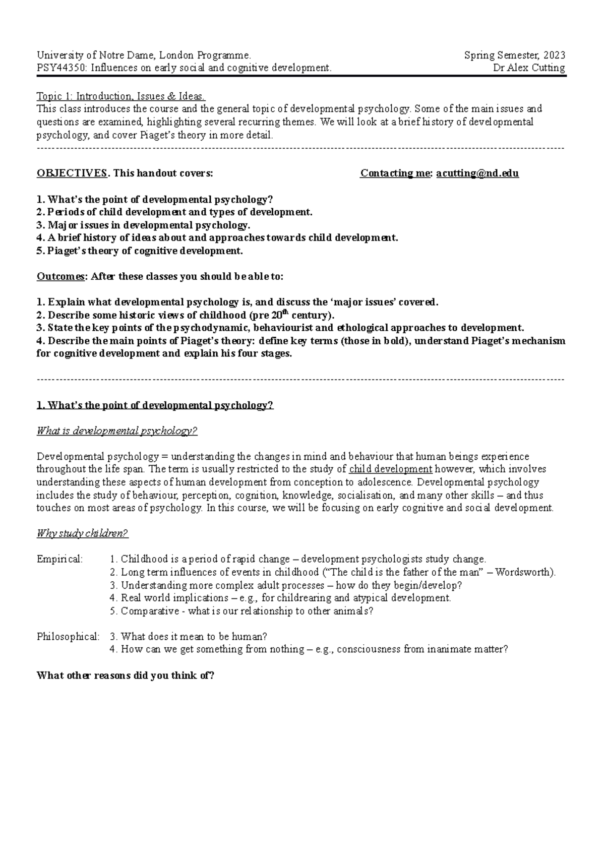 Topic 1 Handout 2023 - psychology notes - University of Notre Dame ...