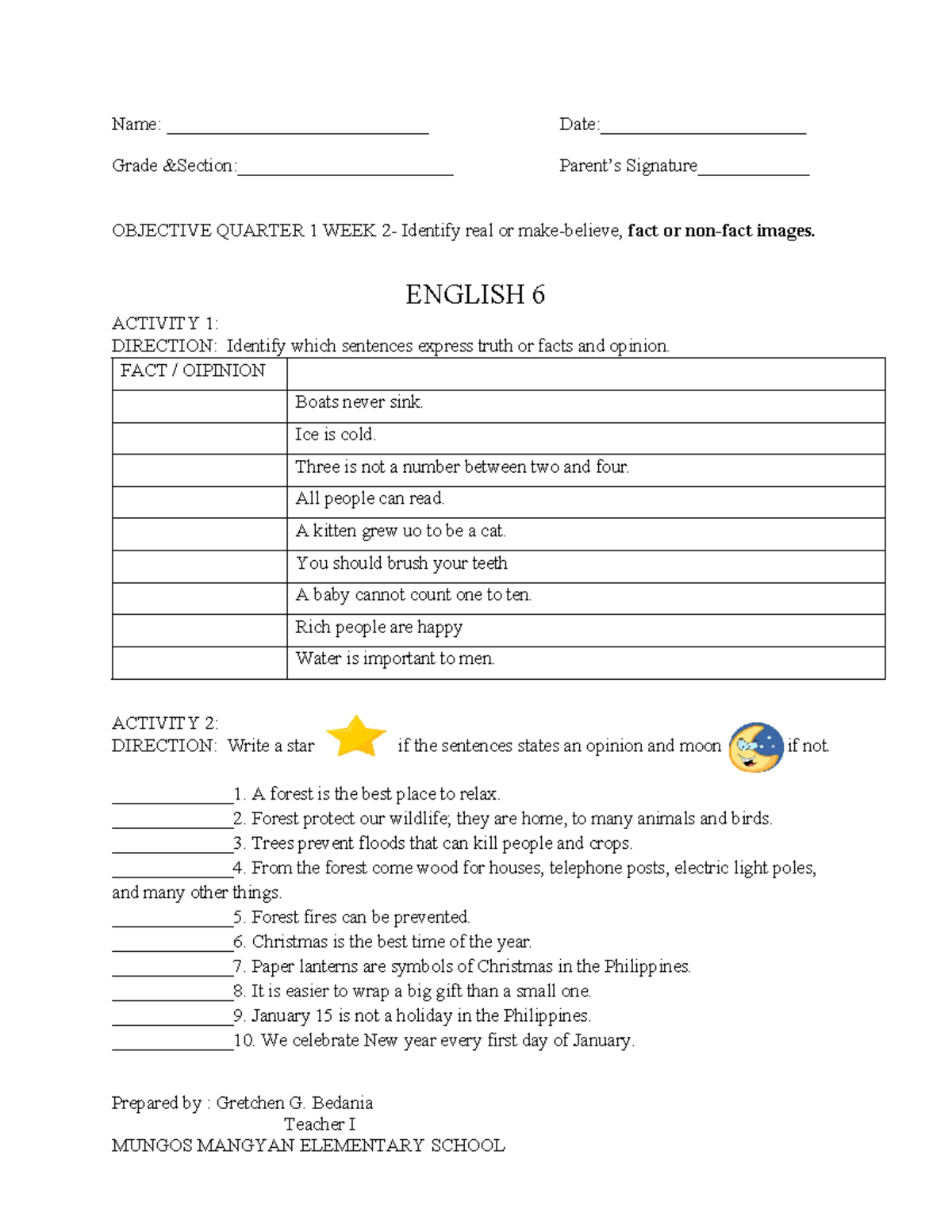 Worksheet English 6 Q1W2 - Name: ____________________________ Date