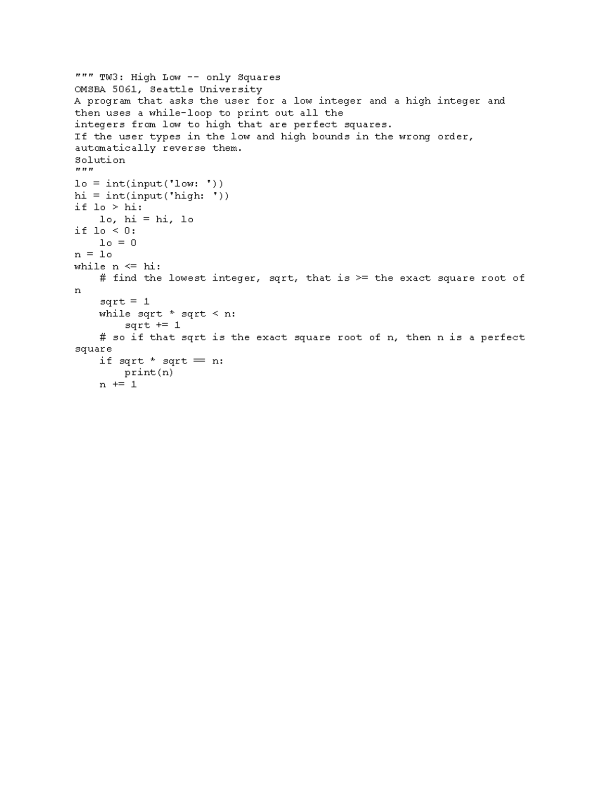 Tw3 squares - A program that asks the user for a low integer and a high ...