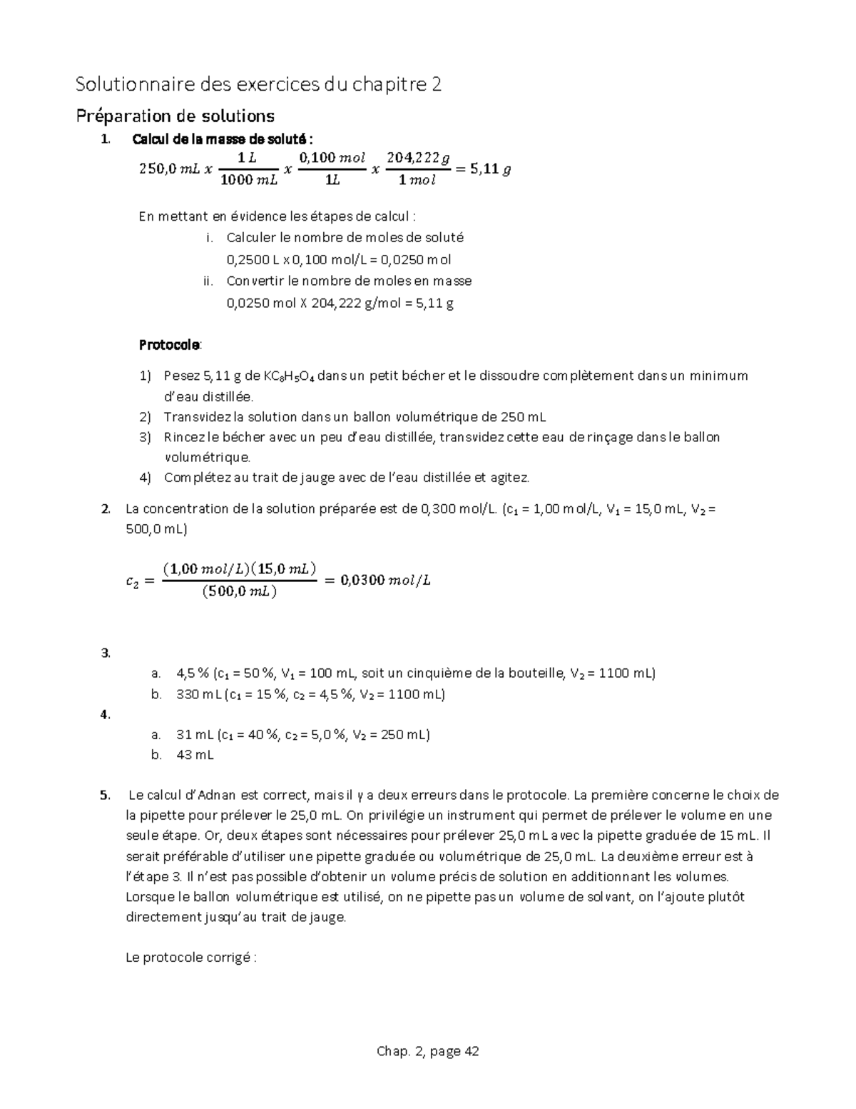 Solutionnaire - Chapitre 2 chimie des solutions - Solutionnaire des exercices du chapitre 2 ...