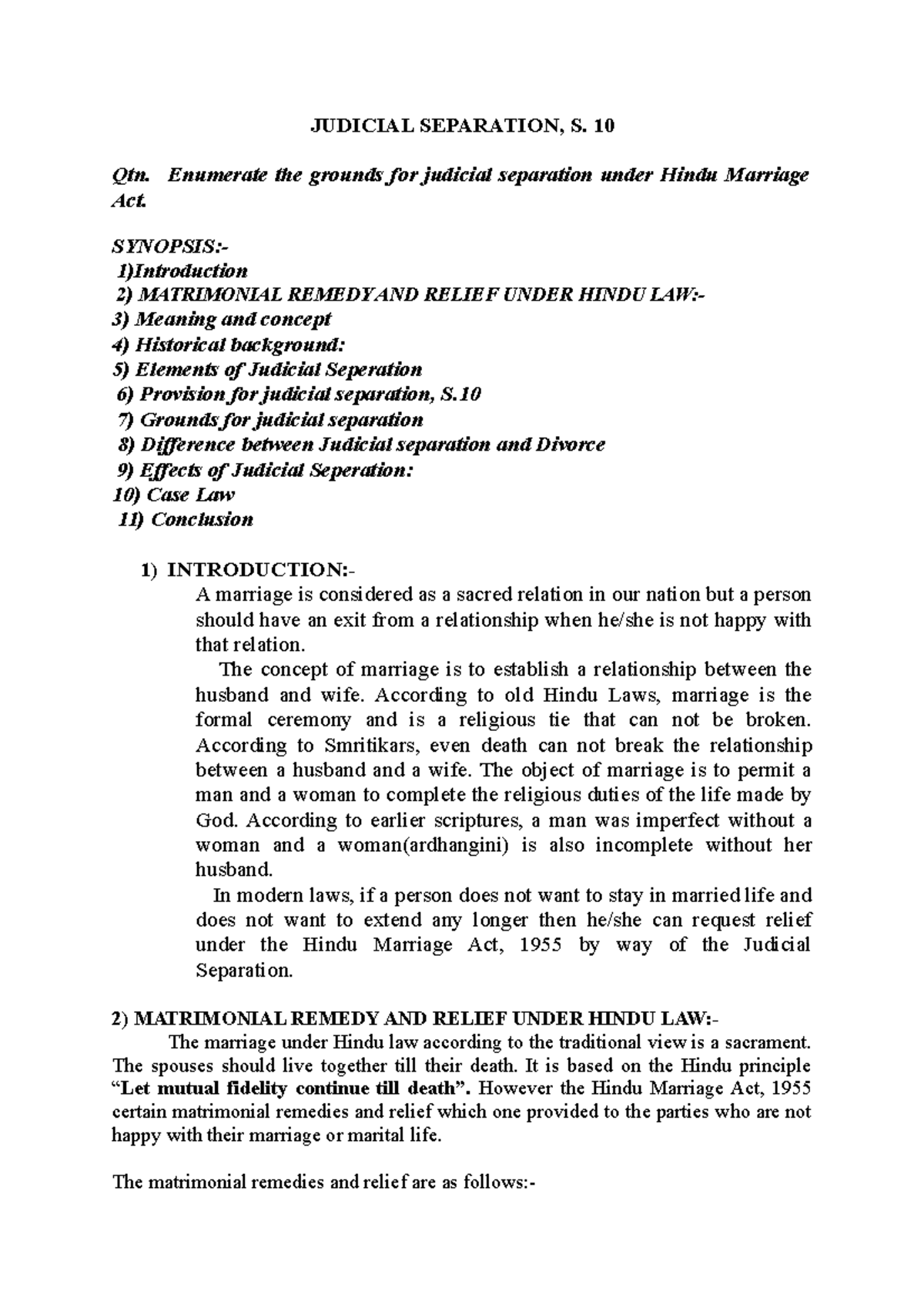 Judicial seperation HMA - JUDICIAL SEPARATION, S. 10 Qtn. Enumerate the grounds for judicial ...