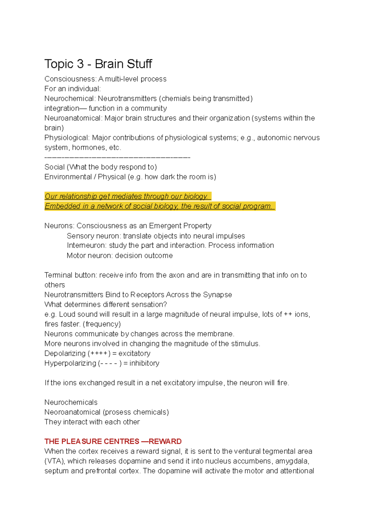 PSY100H1 UTSG Lecture Notes Topic 3 - Brain Stuff - Topic 3 - Brain ...