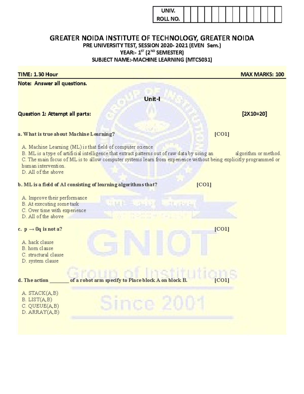 Machine Learning Mcq 1 Greater Noida Institute Of Technology Greater Noida Pre University