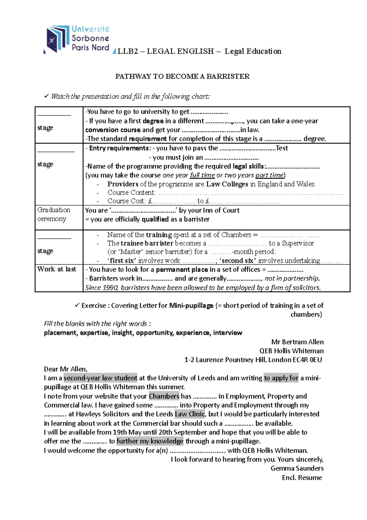 Worksheet Legal Education how to become barrister - LLB2 – LEGAL ...