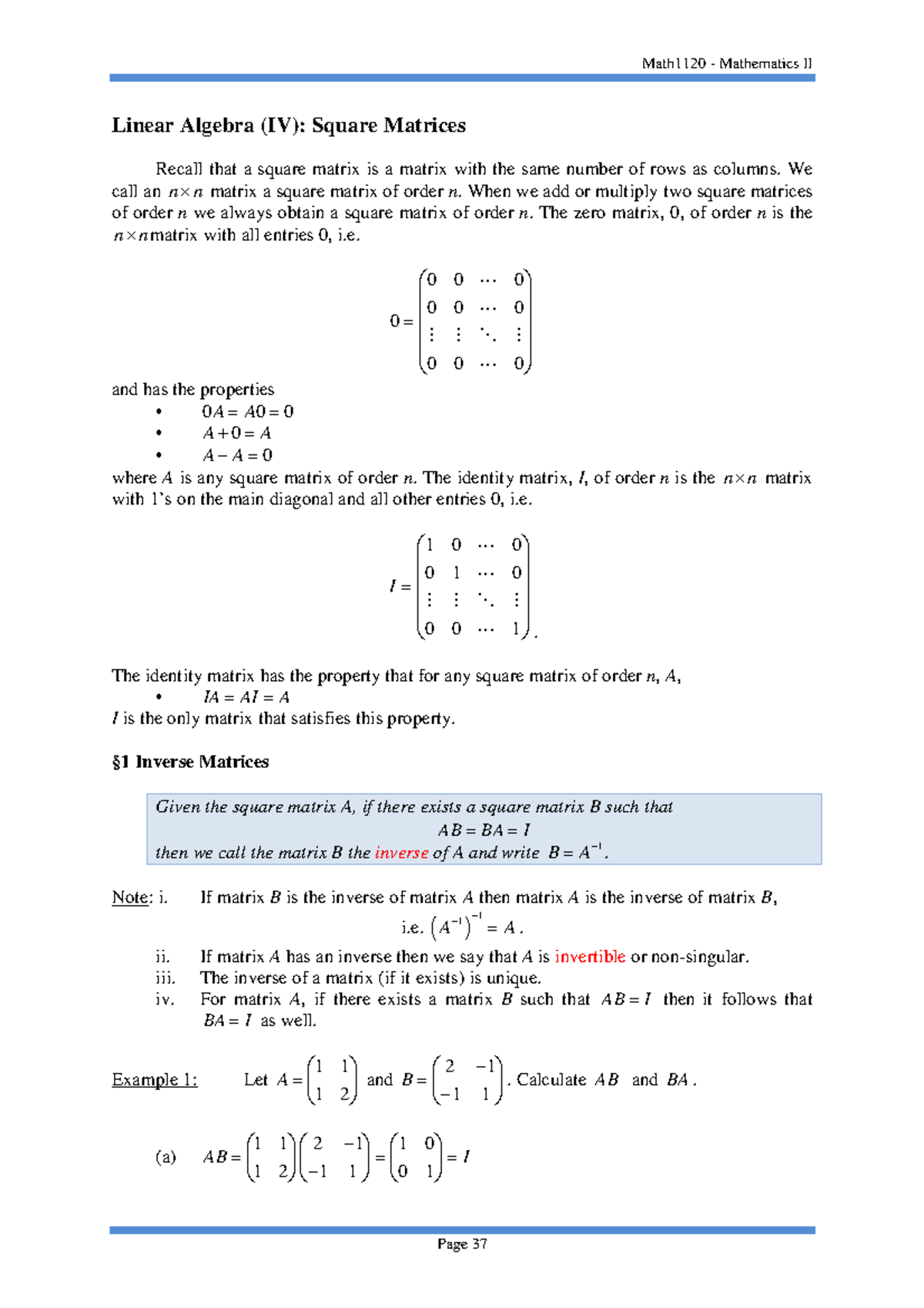 M1120 Linear Algebra (IV) Lecture - Math1120 - Mathematics II Linear ...