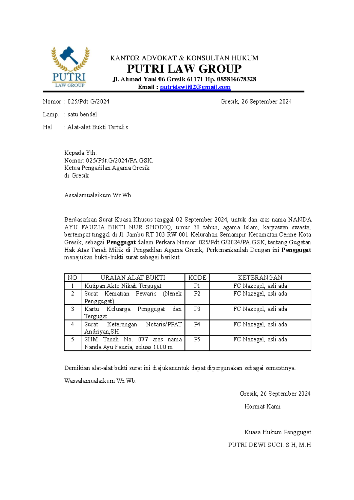 Surat Bukti Penggugat - Nomor : 025/Pdt-G/2024 Gresik, 26 September ...