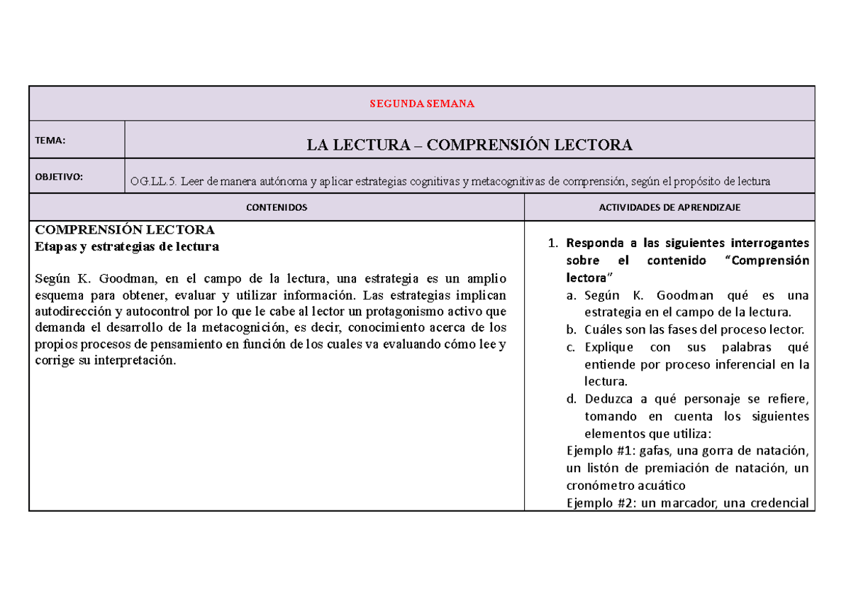 Ficha PARA Tercero- Destreza DE LEER - SEGUNDA SEMANA TEMA: LA LECTURA ...