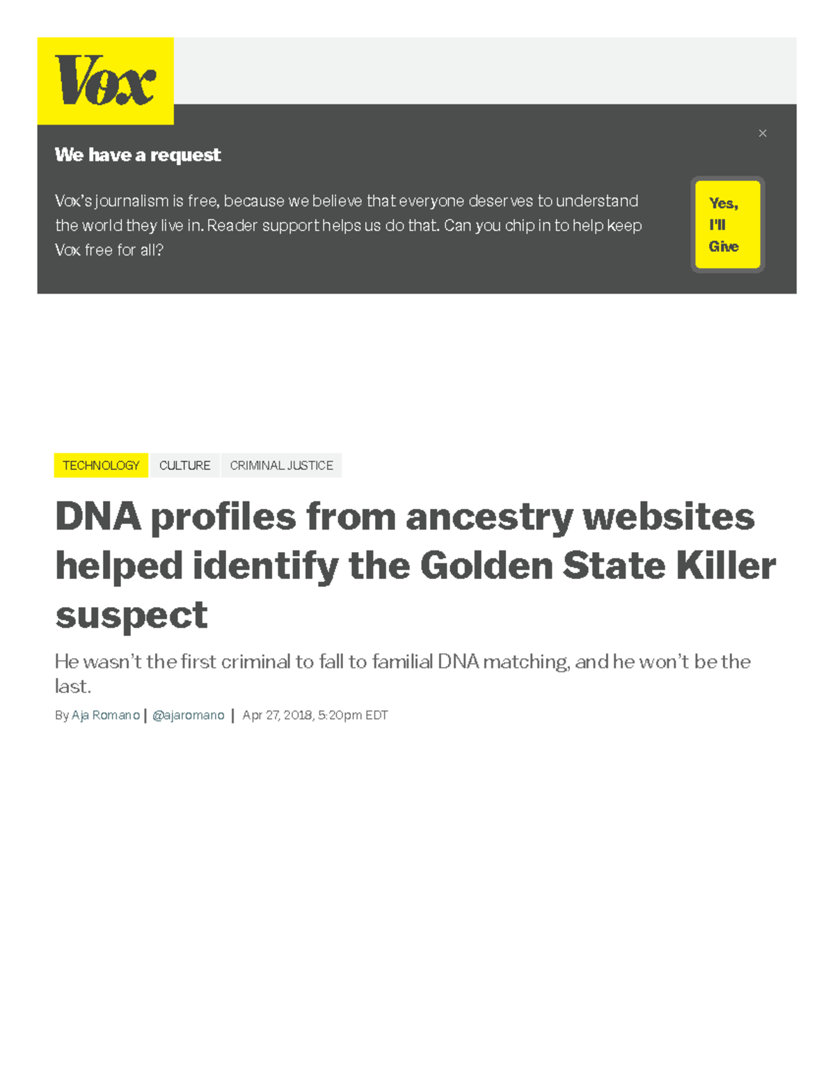 VOX-Golden State Killer ancestry website DNA profiles helped ID suspect ...