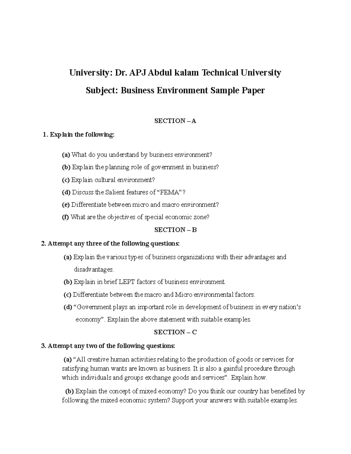 Business environment sample question paper - University: Dr. APJ Abdul ...