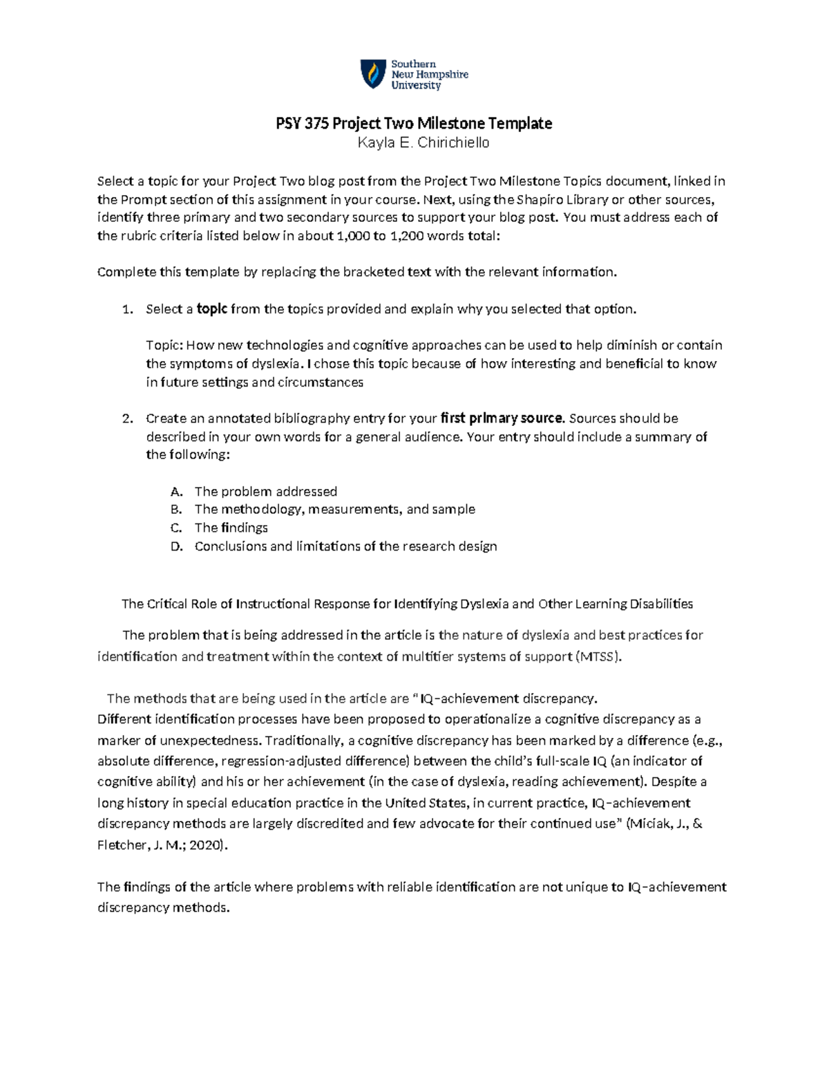 PSY 375 Project Two Milestone Template- K. Chirichiello - PSY 375 ...