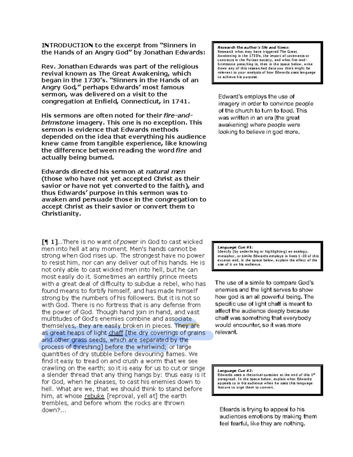 Sinners in the Hands of an Angry God RA activity - INTRODUCTION to the ...