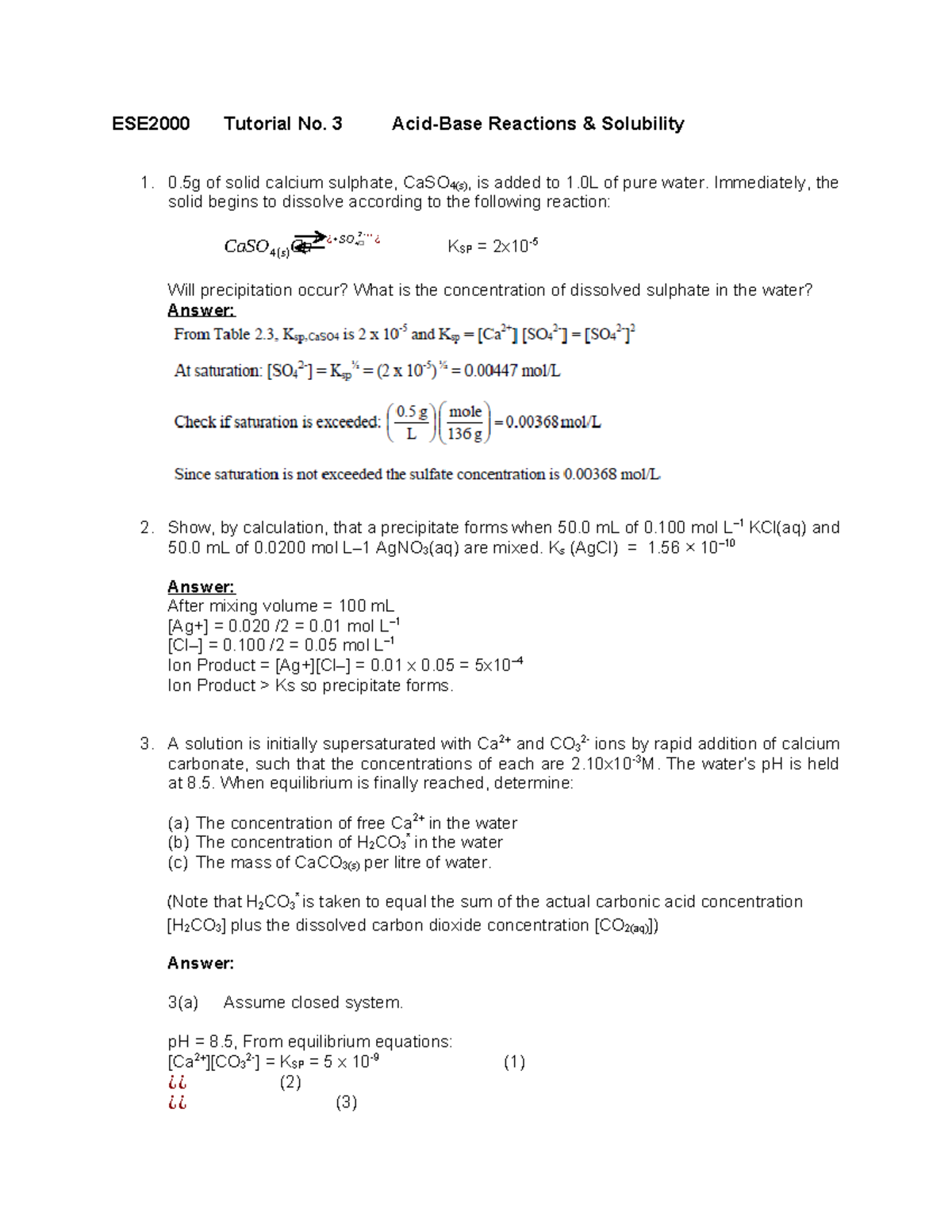 Tutorial No 3 Acid Base & Solubility (Solutions) - ESE2000 Tutorial No ...