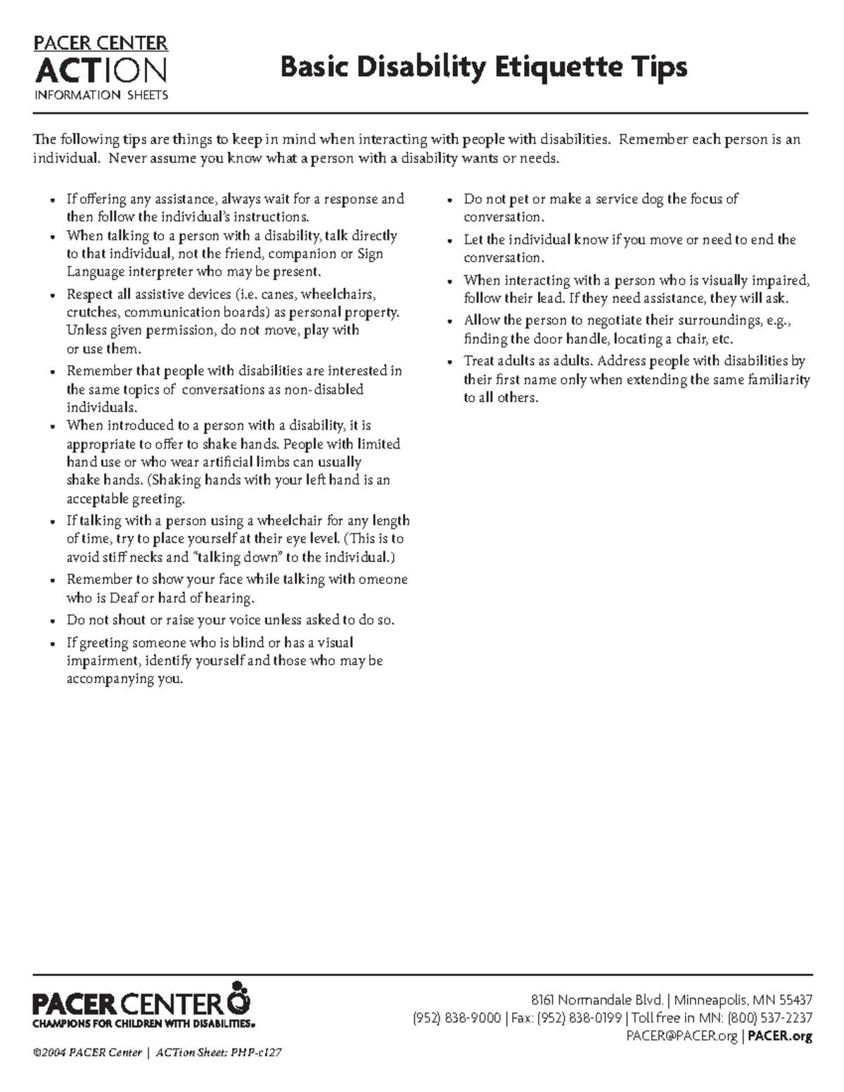Pacer Center Basic Disability Etiquette Tips - PACER CENTER ACTION ...