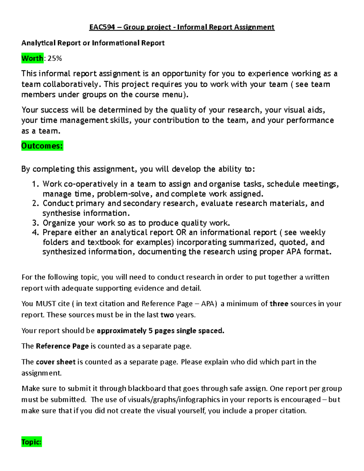 Informal Report Assignment - Winter 2022 - EAC594 - Seneca College ...