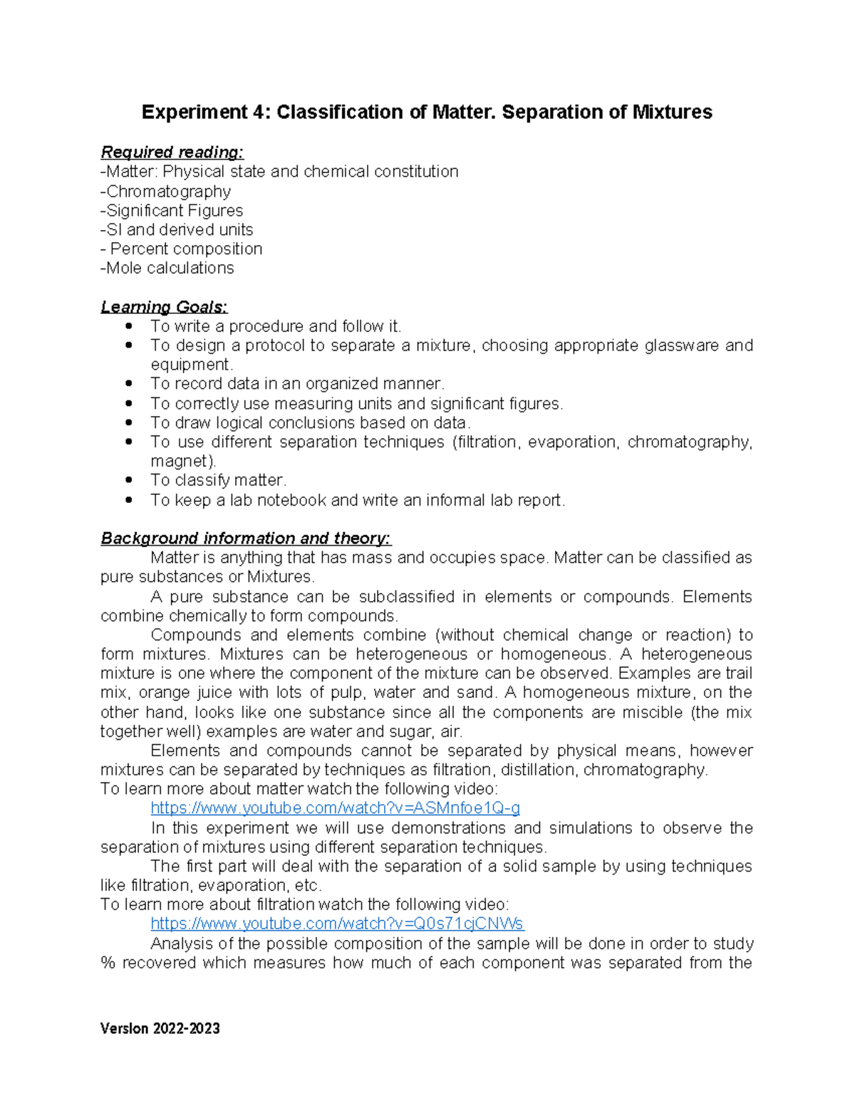 Experiment 4- Classification of Matter 2022-2023 - Experiment 4 ...