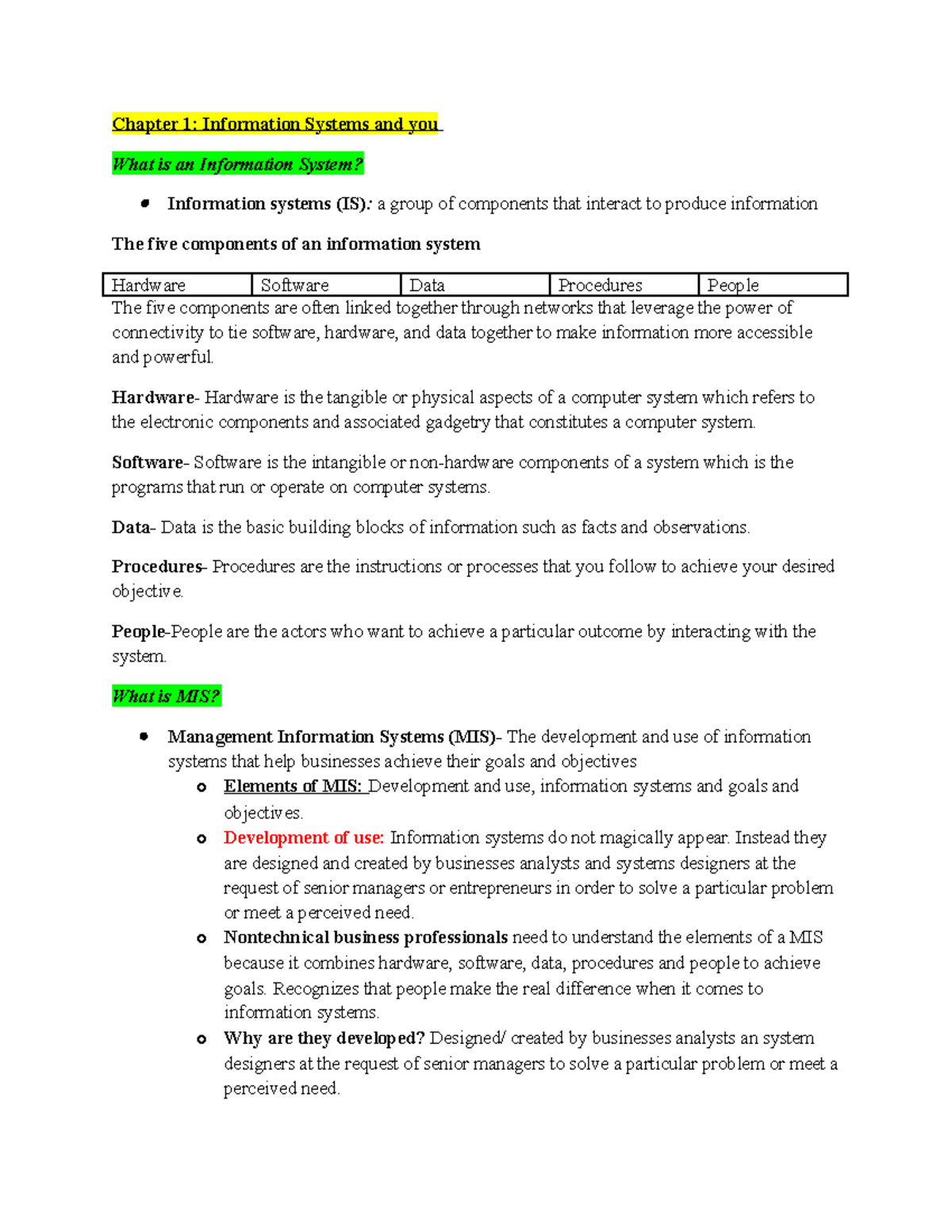 Chapter 1 - Lecture notes 1 - Chapter 1: Information Systems and you ...