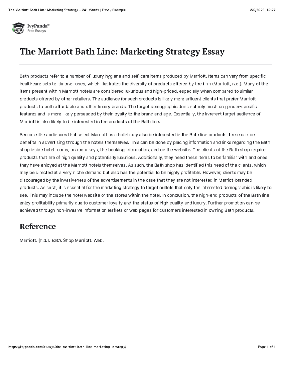 The Marriott Bath Line: Marketing Strategy - 341 Words Essay Example - The Marriott Bath Line ...