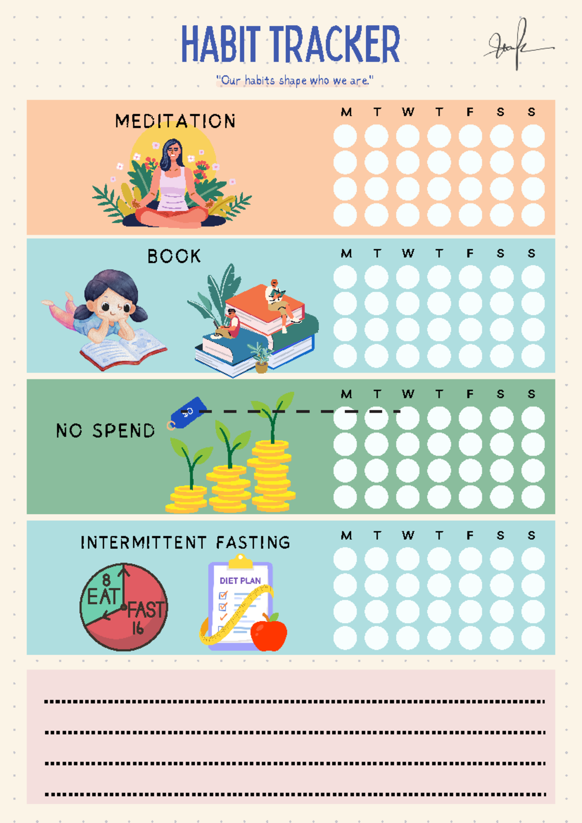 Colorful Habit Tracker Sheet - Kỹ năng lãnh đạo - $ M T W T F S S M T W ...