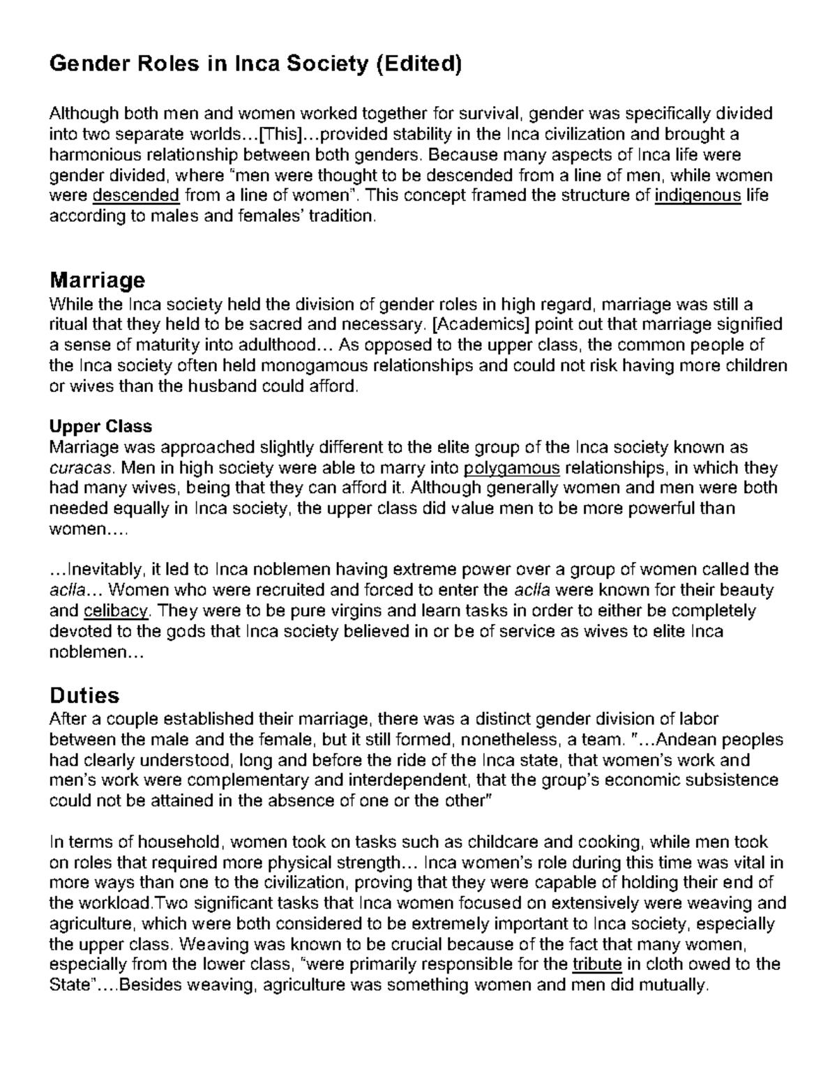 Inkan Gender Roles - Gender Roles in Inca Society (Edited) Although ...