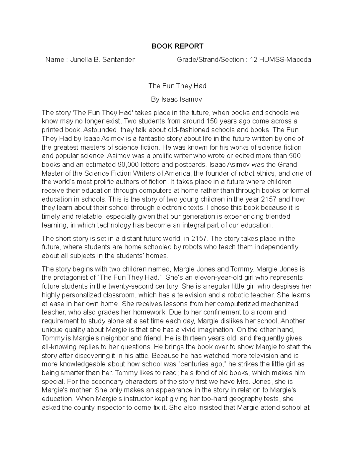 Ella Book Report - BOOK REPORT Name : Junella B. Santander Grade/Strand ...