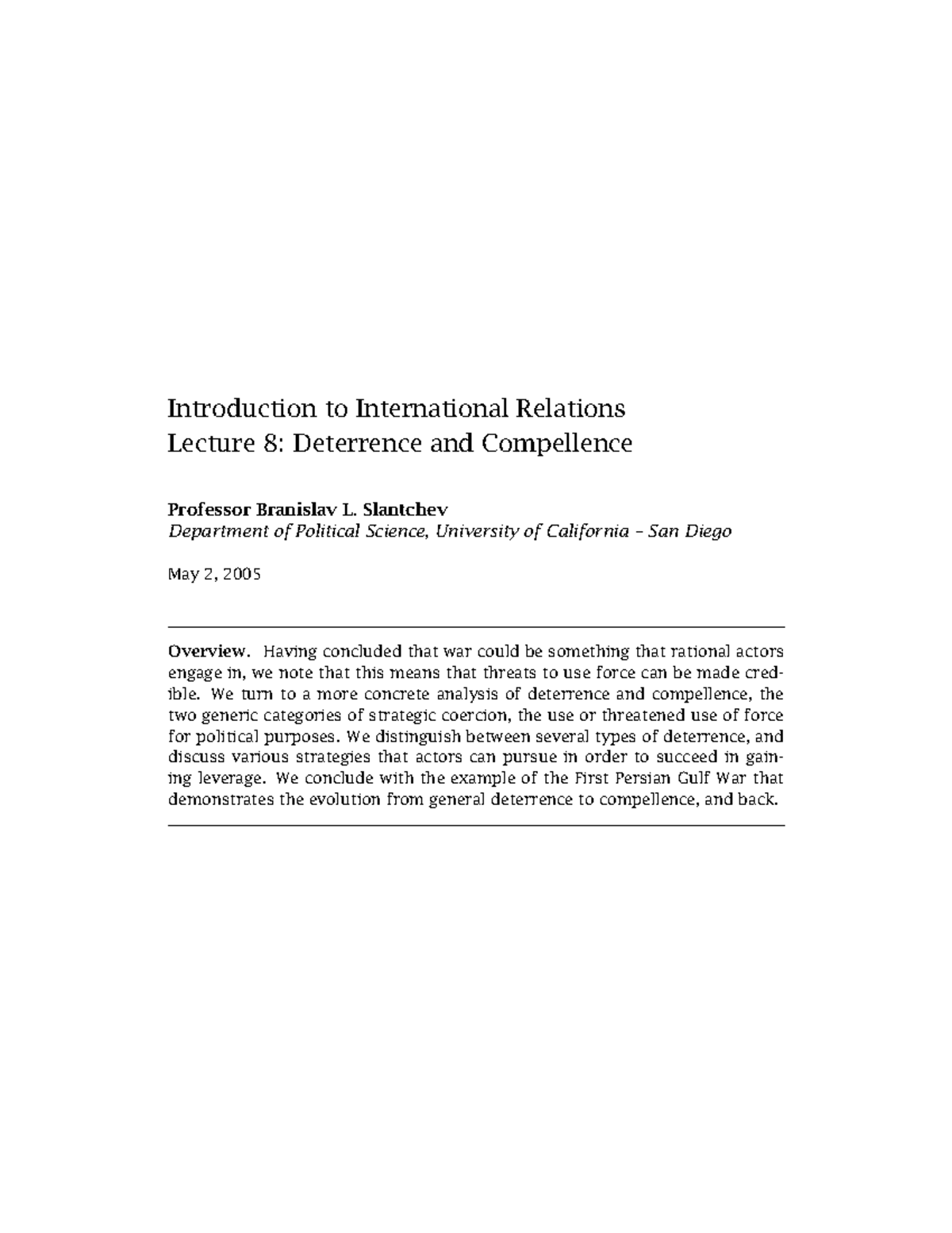 08 deterrence and compellence - Introduction to International Relations ...