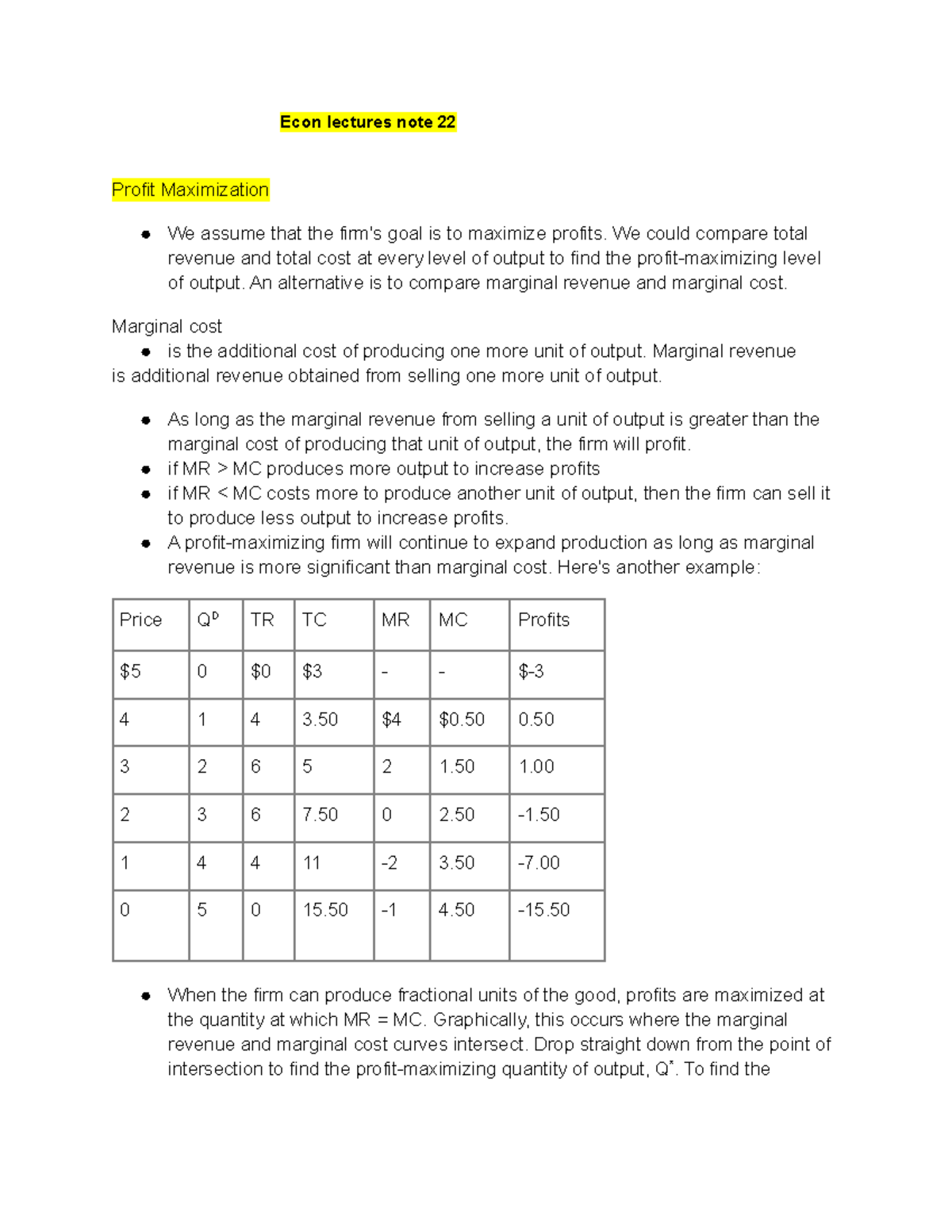 Econ lecture notes 22 - Econ lectures note 22 Profit Maximization We ...