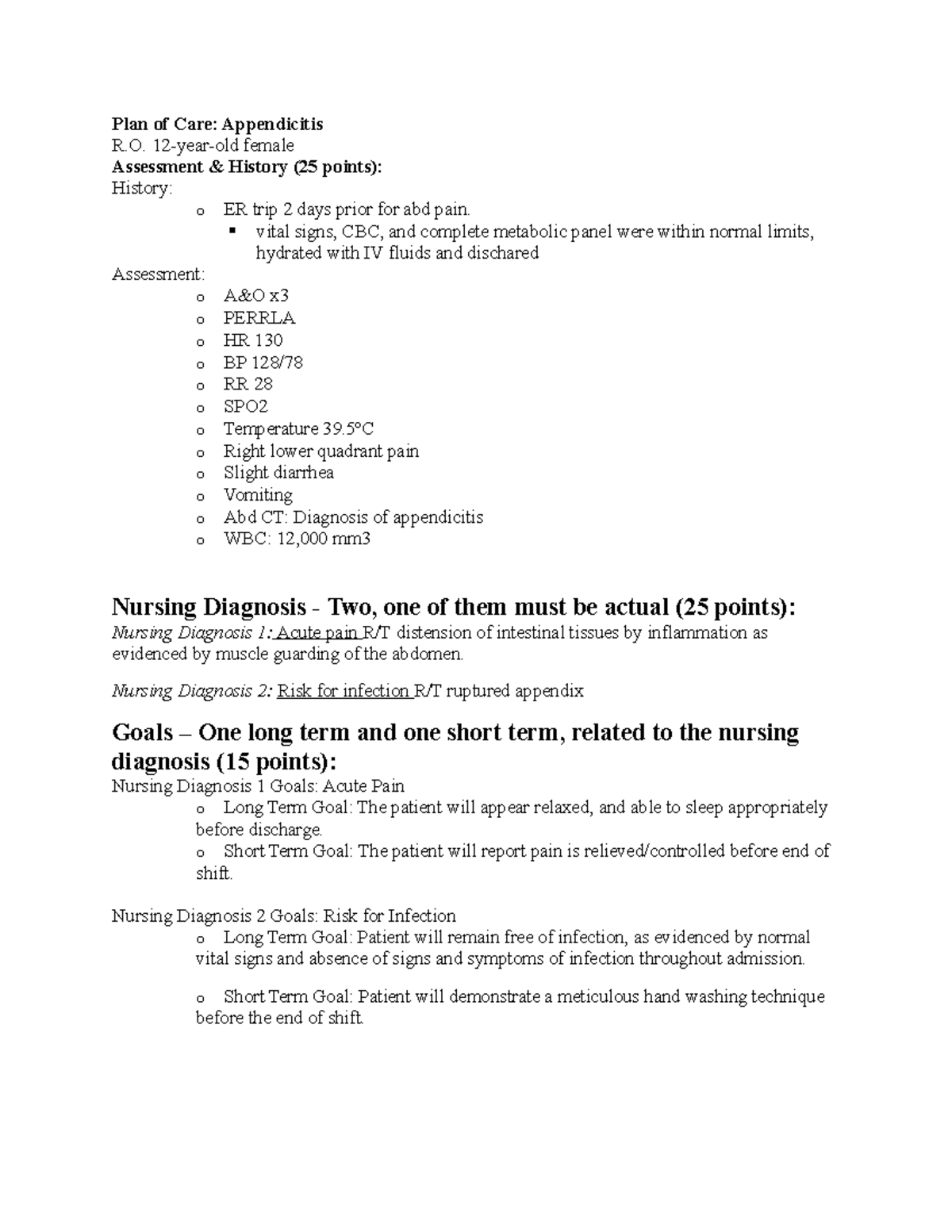 Plan of Care - Keown - Plan of care - Plan of Care: Appendicitis R. 12 ...
