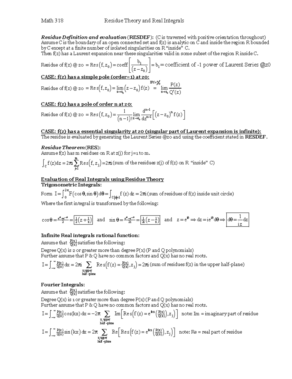 Residue theory and real integrals - Math 318 Residue Theory and Real ...