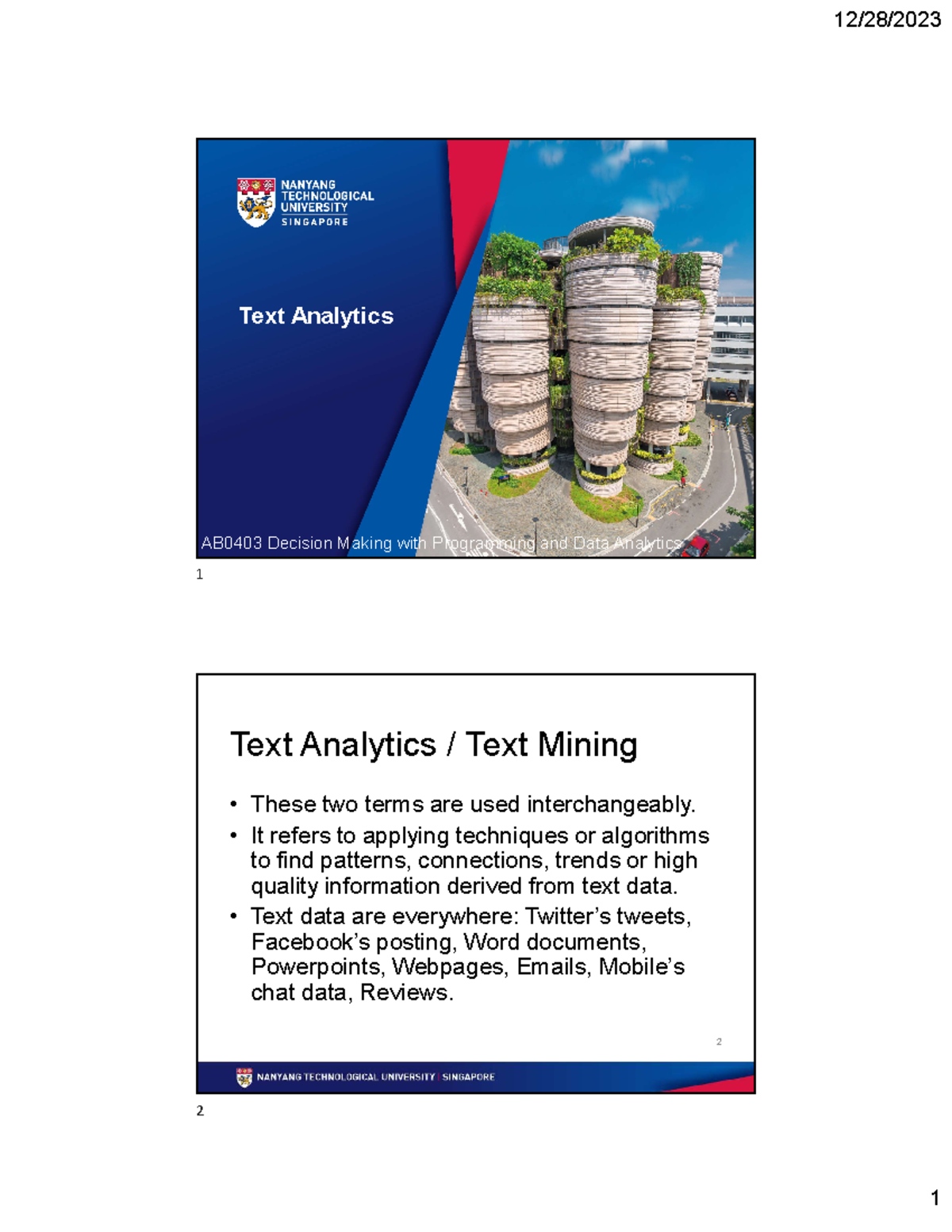 Text Analytics - Extra notes given by prof - Text Analytics AB0403 ...