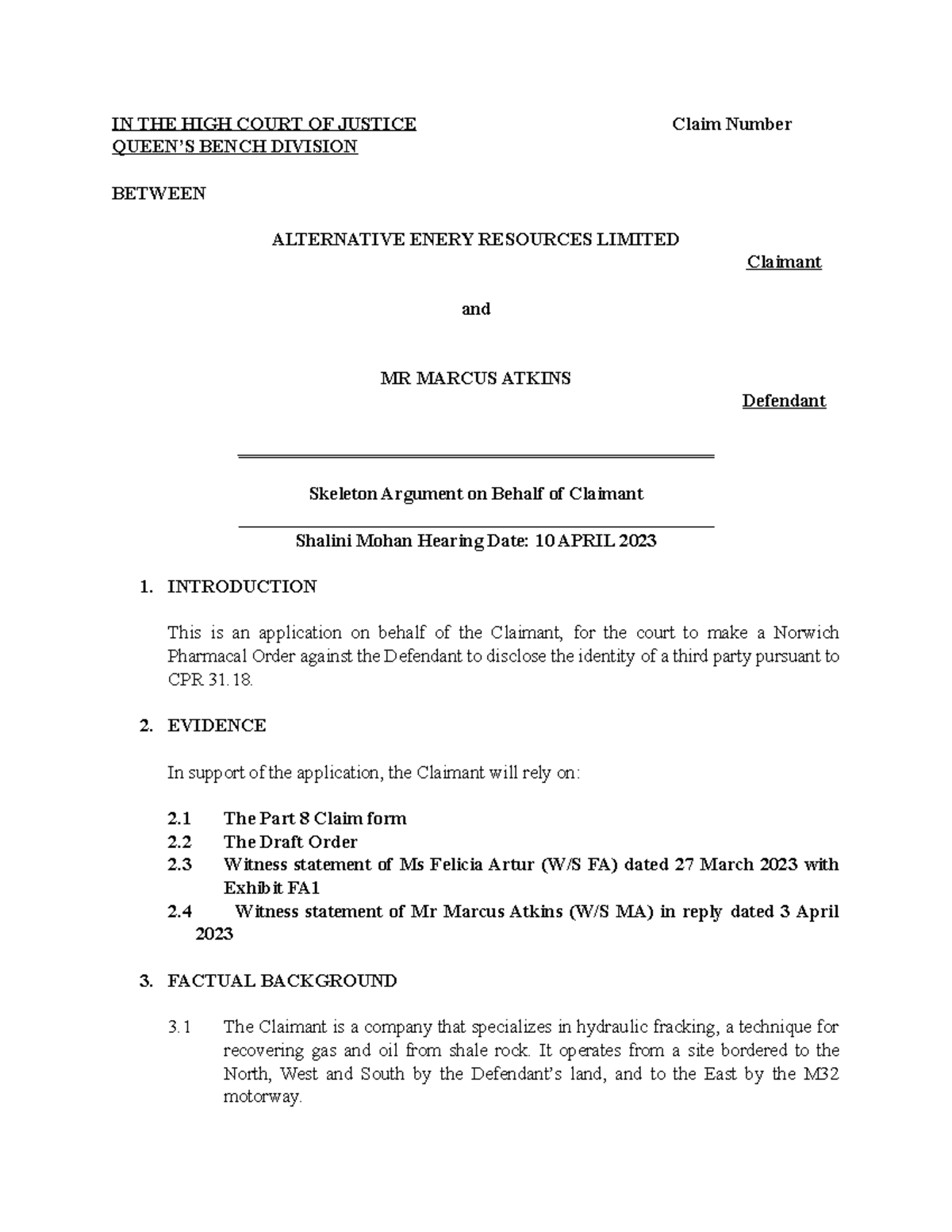 Civil Advocacy final skeleton argument - IN THE HIGH COURT OF JUSTICE ...