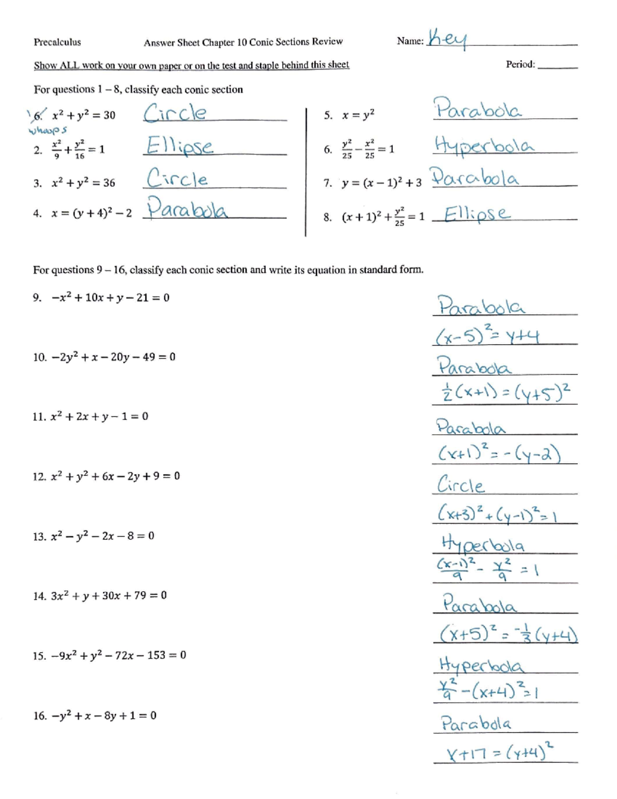 Conic Sections Review Answers - Studocu