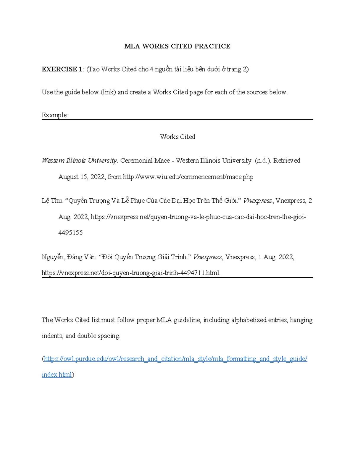Cite work made by Hien - MLA WORKS CITED PRACTICE EXERCISE 1: (Tạo ...