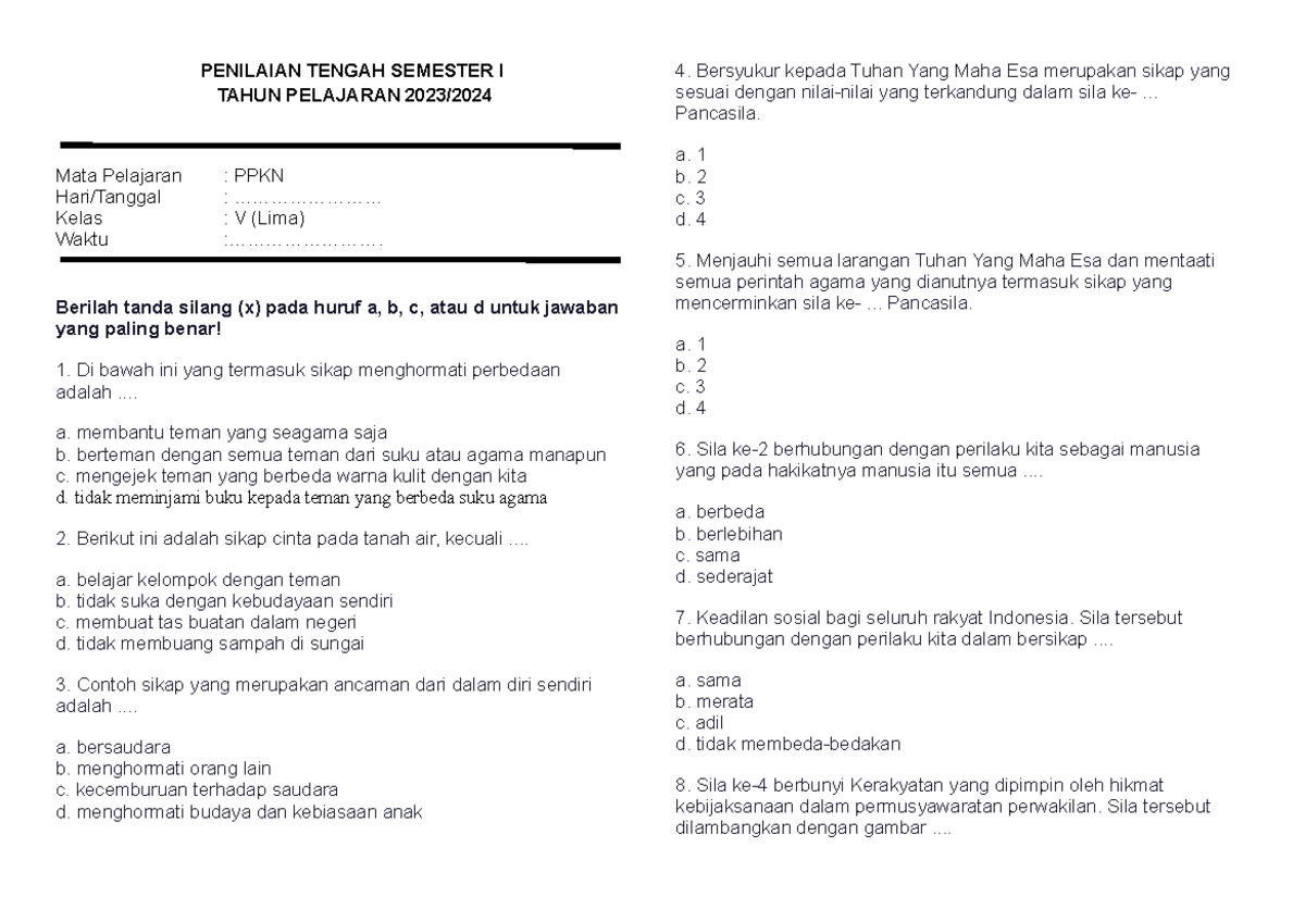 Kelas 5 Latihan soal PTS 1 PKN - PENILAIAN TENGAH SEMESTER I TAHUN PELAJARAN 2023/ Mata ...
