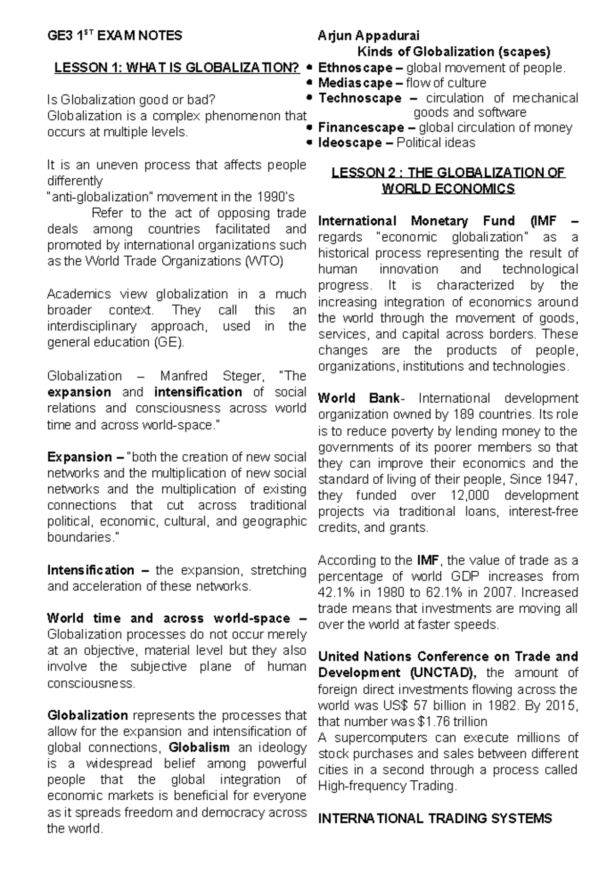 GE3 1ST EXAM Notes - GE3 1ST EXAM NOTES LESSON 1: WHAT IS GLOBALIZATION ...