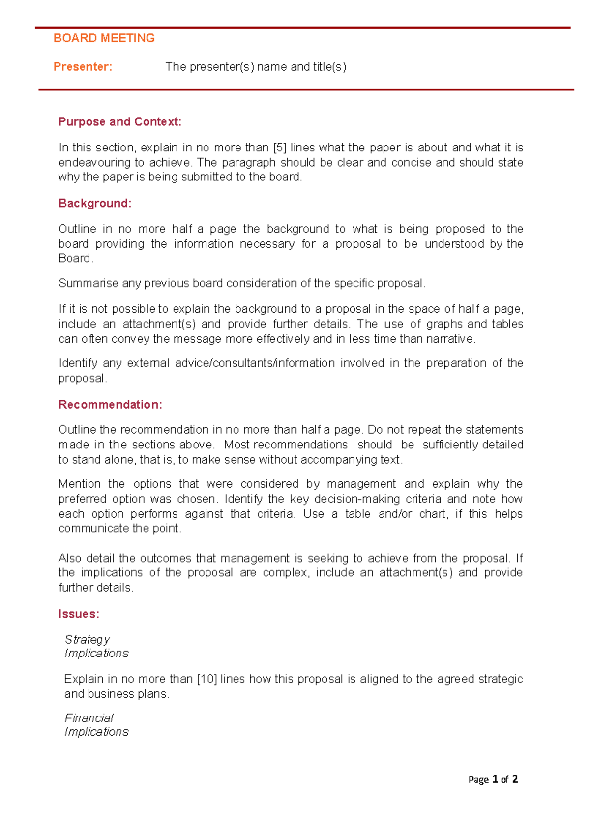 Sample Board proposal guide - BOARD MEETING Presenter: The presenter(s ...